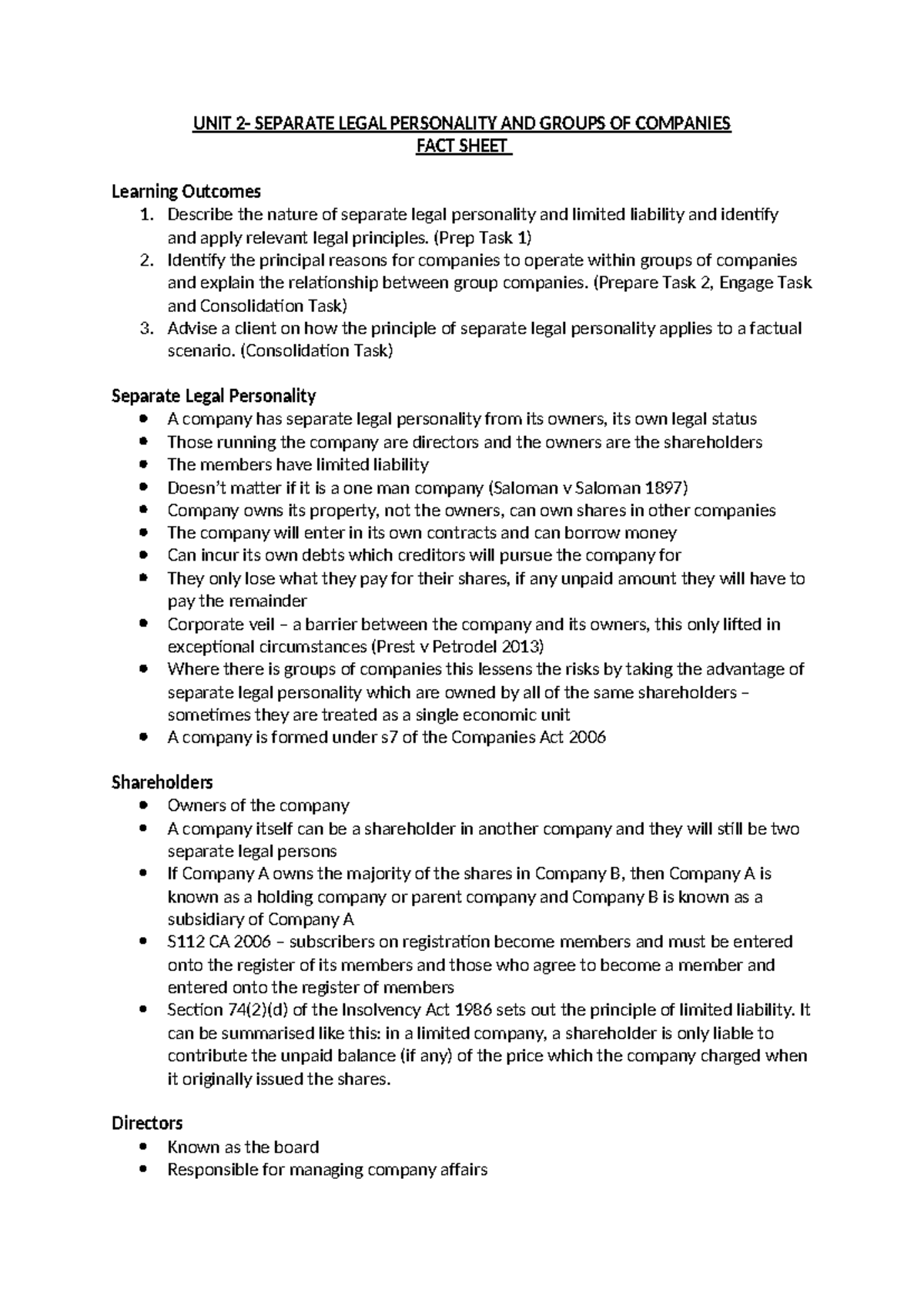 UNIT 2 FACT SHEET: Separate Legal Personality & Groups of Companies ...