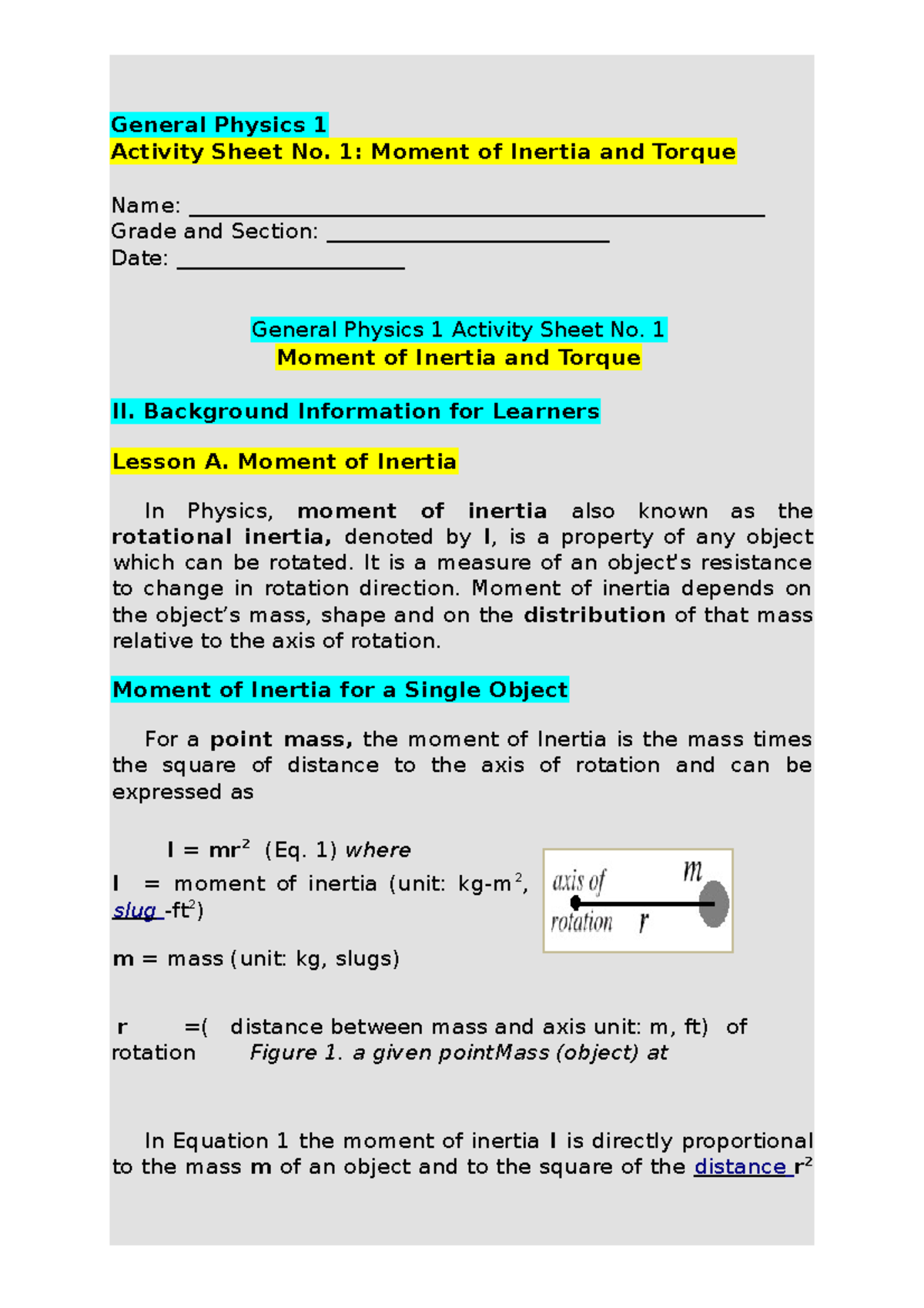 General Physics 1 Activity Sheet No. 1- Moment of Inertia and Torque ...