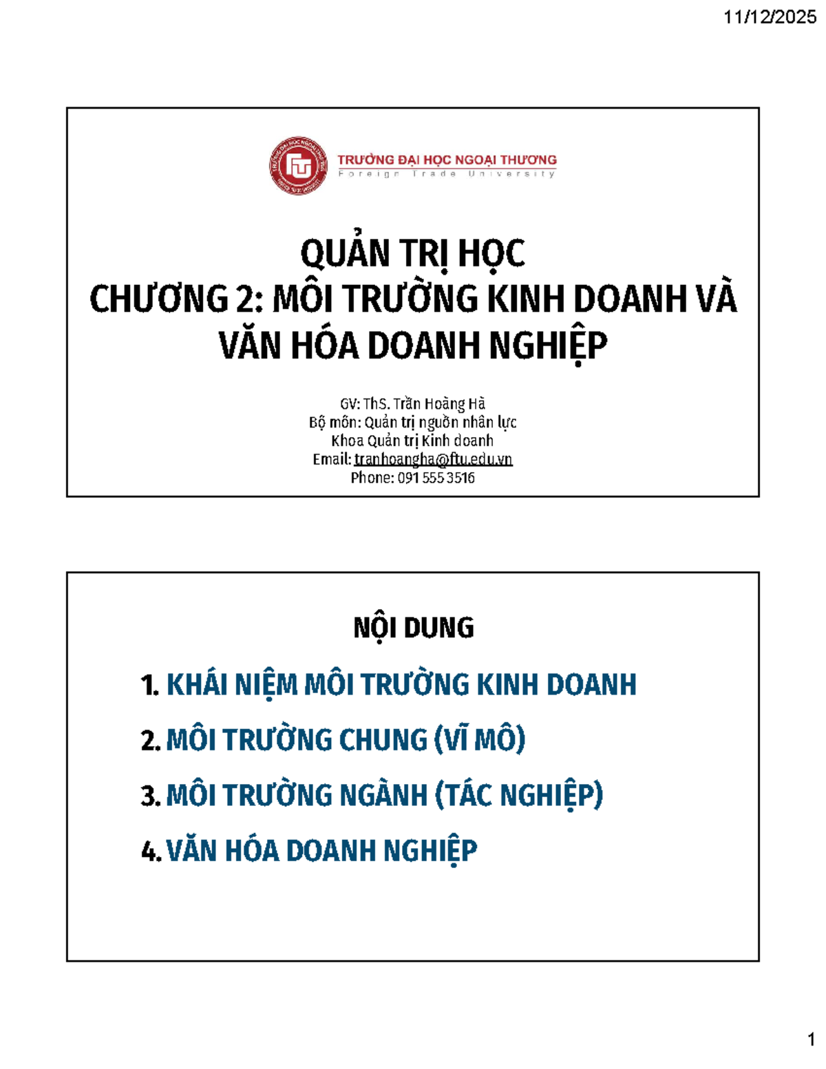 QUẢN TRỊ HỌC CHƯƠNG 2: MÔI TRƯỜNG KINH DOANH VÀ VĂN HÓA DOANH NGHIỆP ...