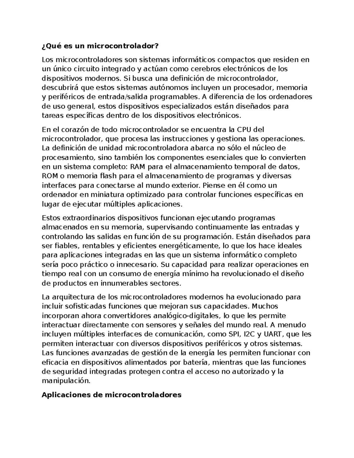 Microcontrolador: Definición y Aplicaciones en Tecnología - Studocu