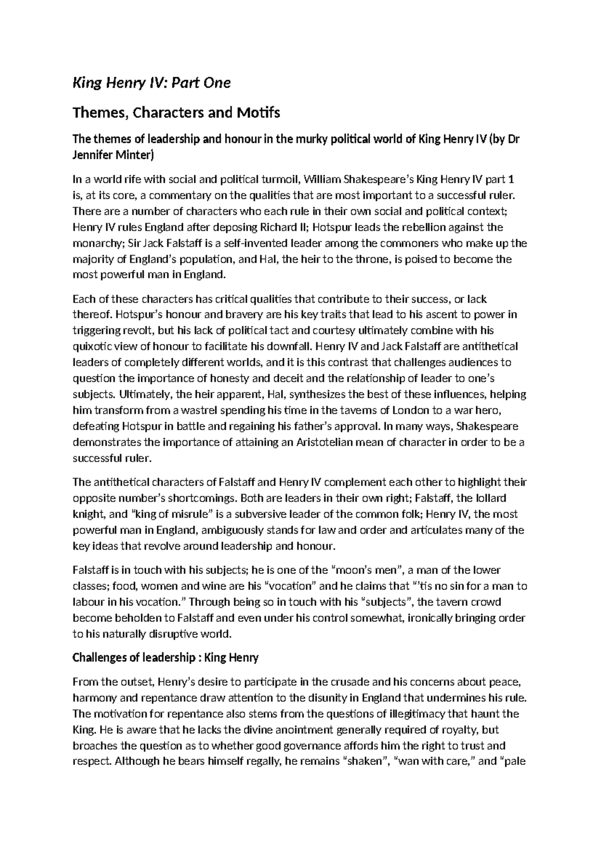 King Henry IV Themes Characters Motifs - King Henry IV: Part One Themes ...