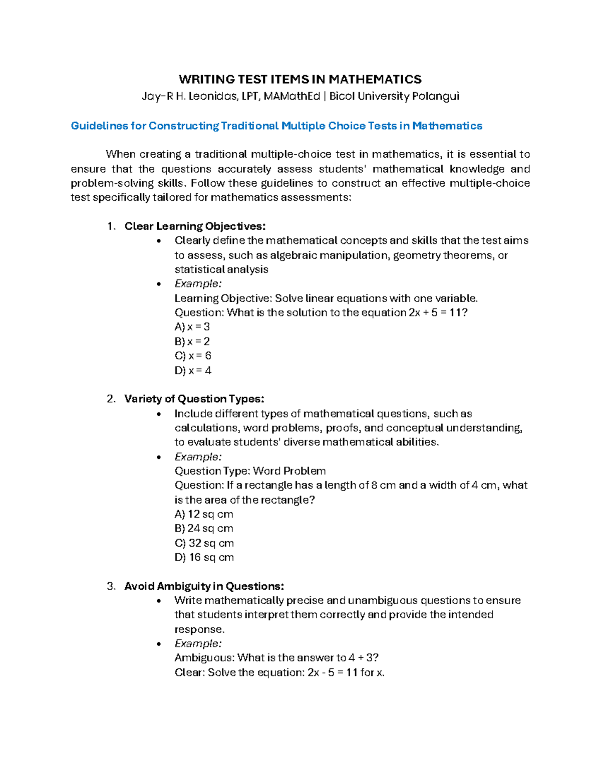Mathematics Assessment: Guidelines for Writing Test Items (MATH 101 ...