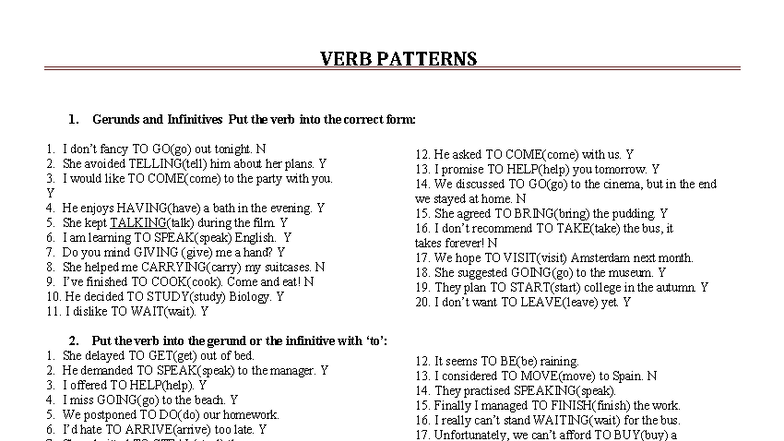 HW 1: Verb Patterns 1 - Gerunds and Infinitives Notes - Studocu