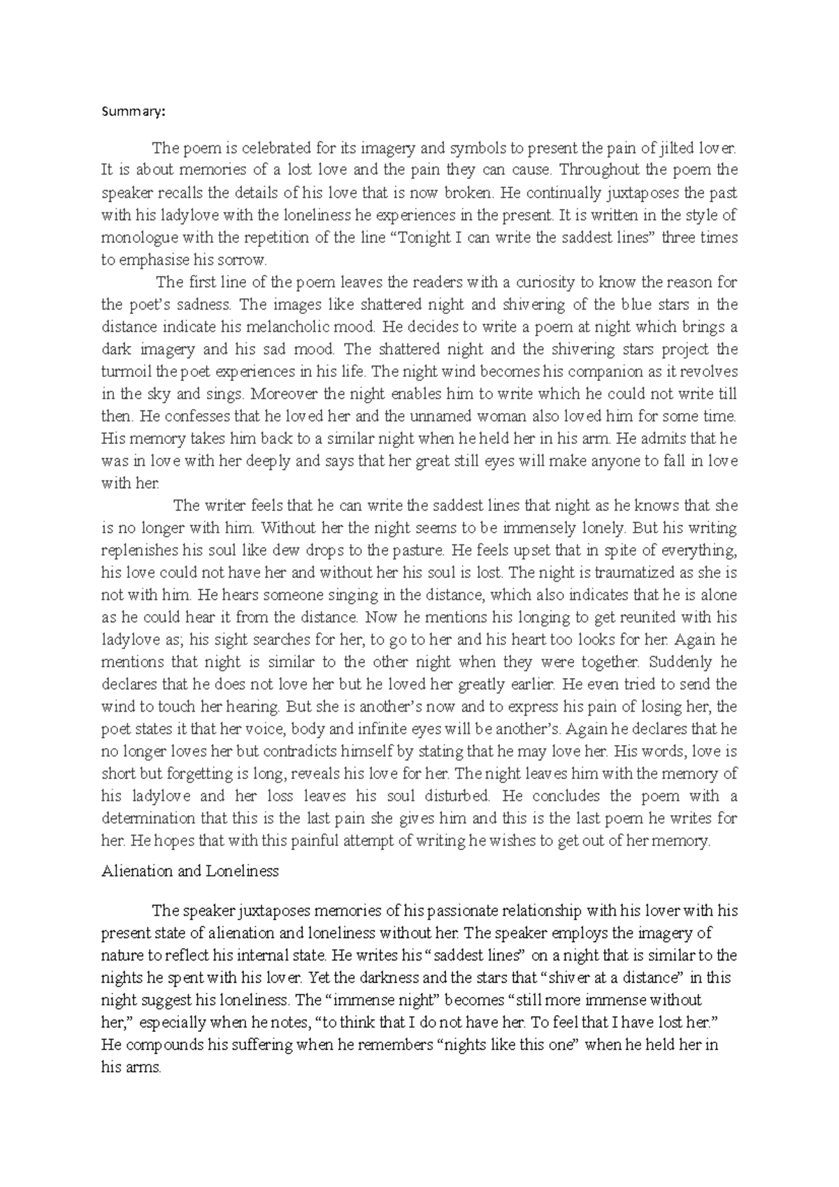 Pablo Neruda's "Tonight I Can Write the Saddest Lines" Analysis - Studocu
