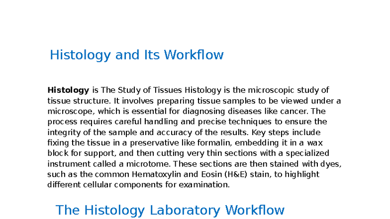 Histology Lab Workflow: Key Steps in Tissue Analysis - Studocu