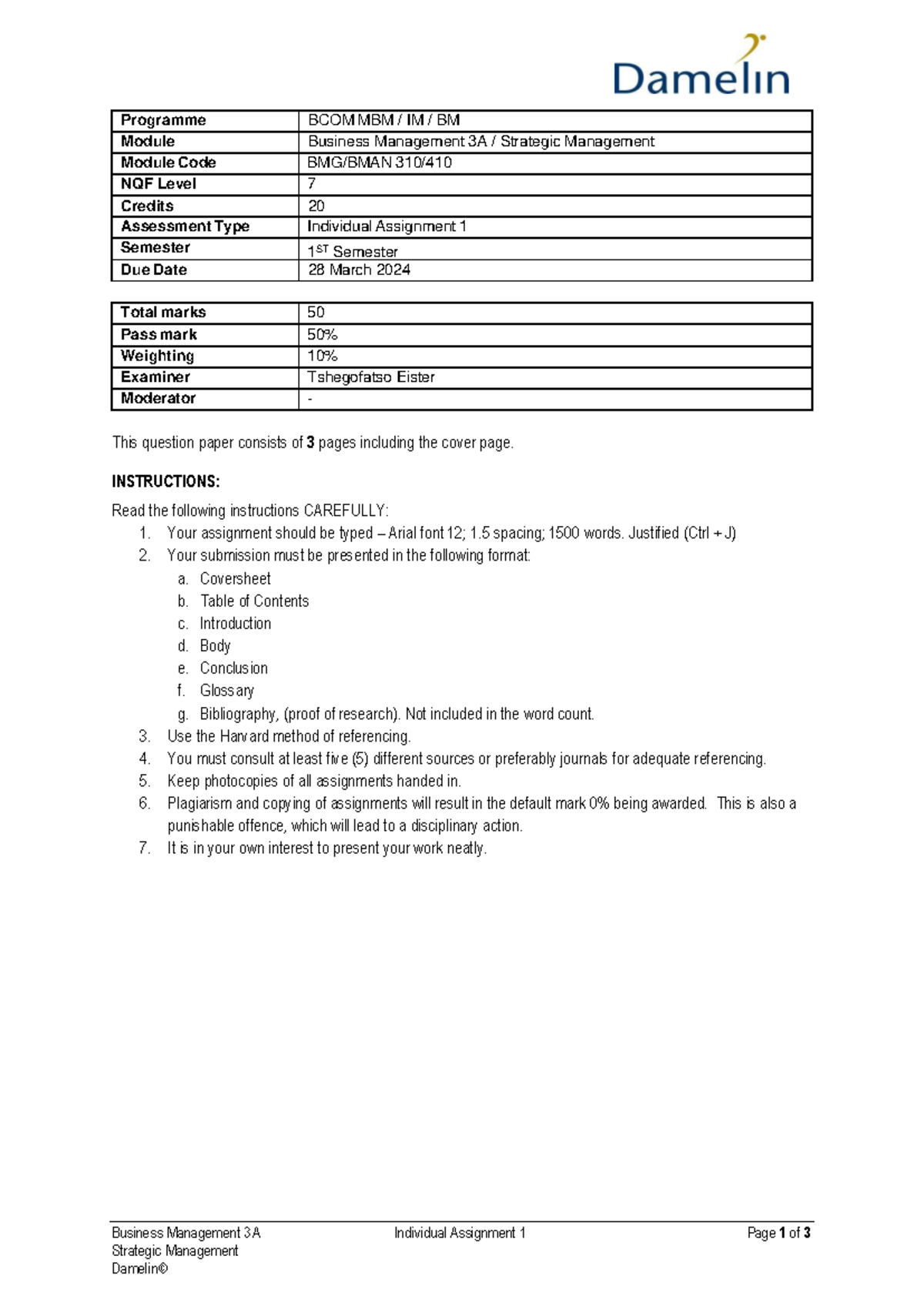 Strategic Management - study guide - Business Management 3A Strategic Management Damelin ...