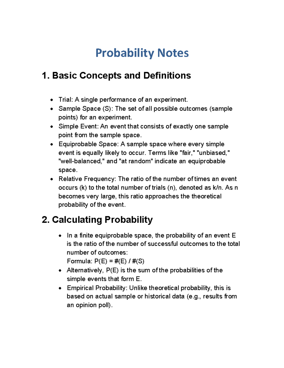 Probability Notes 1: Basic Concepts and Definitions (Course Code: TONY ...