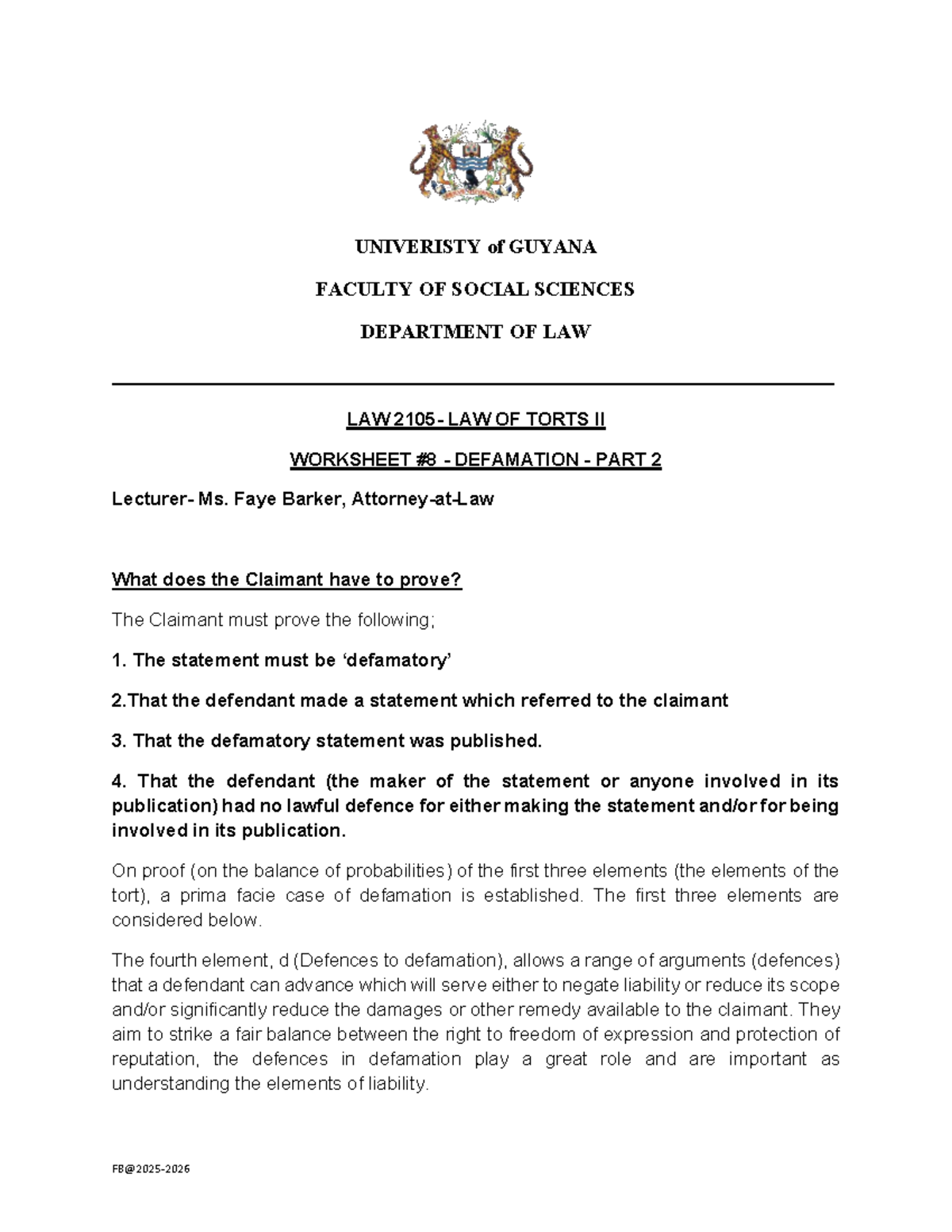 LAW 202: Worksheet on Defamation - Claimant's Burden of Proof - Studocu