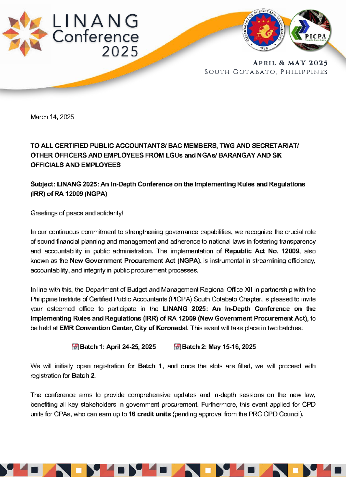 LINANG 2025 Conference Invitation: IRR of RA 12009 (NGPA) - April & May ...