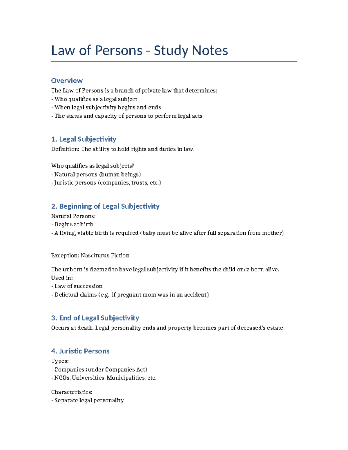 Law of Persons Study Notes - Law of Persons - Study Notes Overview The ...