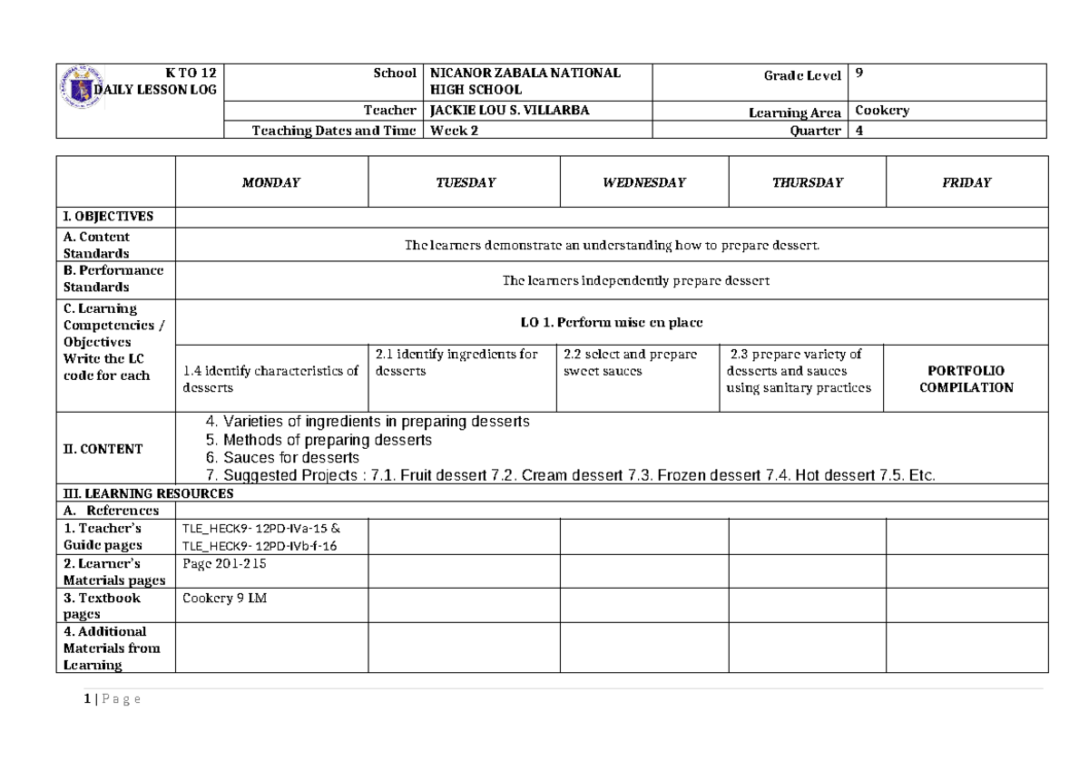 K TO 12 GRADE 9 COOKERY DAILY LESSON LOG - WEEK 2 - Studocu