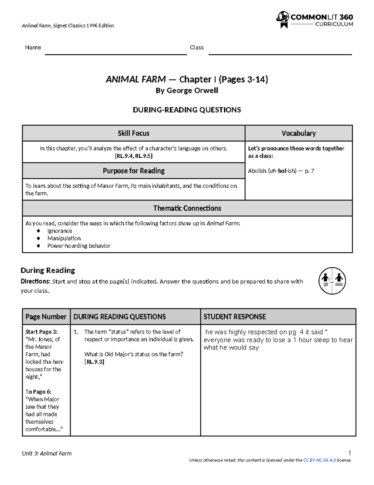 9G Unit 3 Animal Farm Chapter I During Reading Questions Notes Ed1 ...