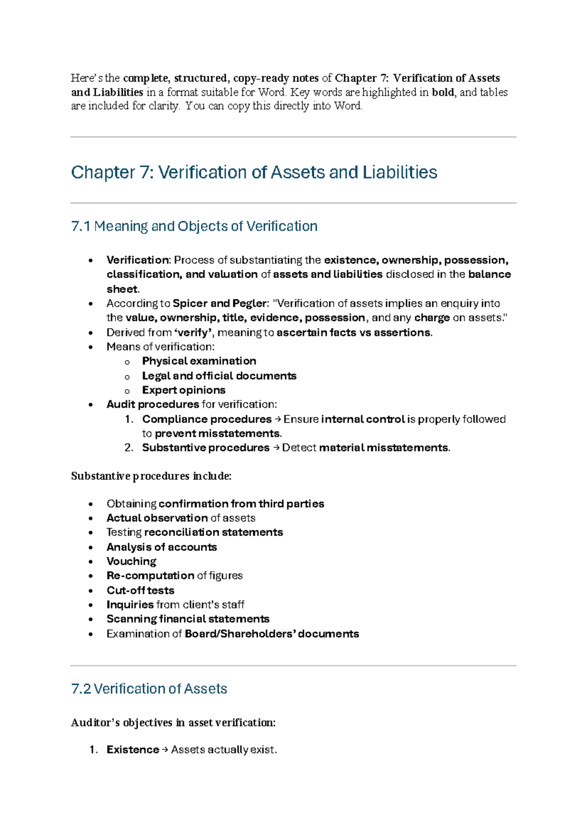 Unit 3: Chapter 7 - Verification of Assets and Liabilities Notes - Studocu