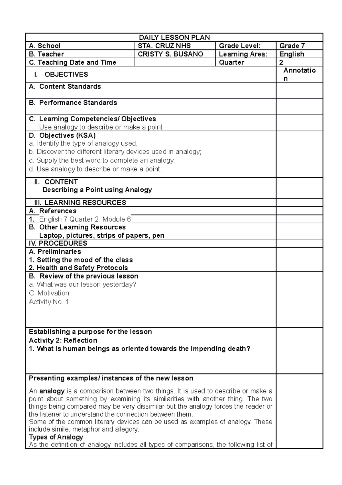 Grade 7 English Lesson Plan: Understanding Analogy Concepts - Studocu