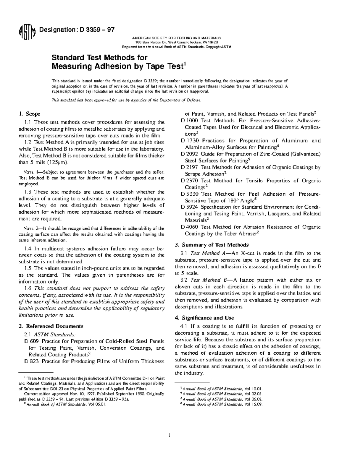 ASTM D3359-1997 Standard Test Methods for Measuring Adhesion - Studocu
