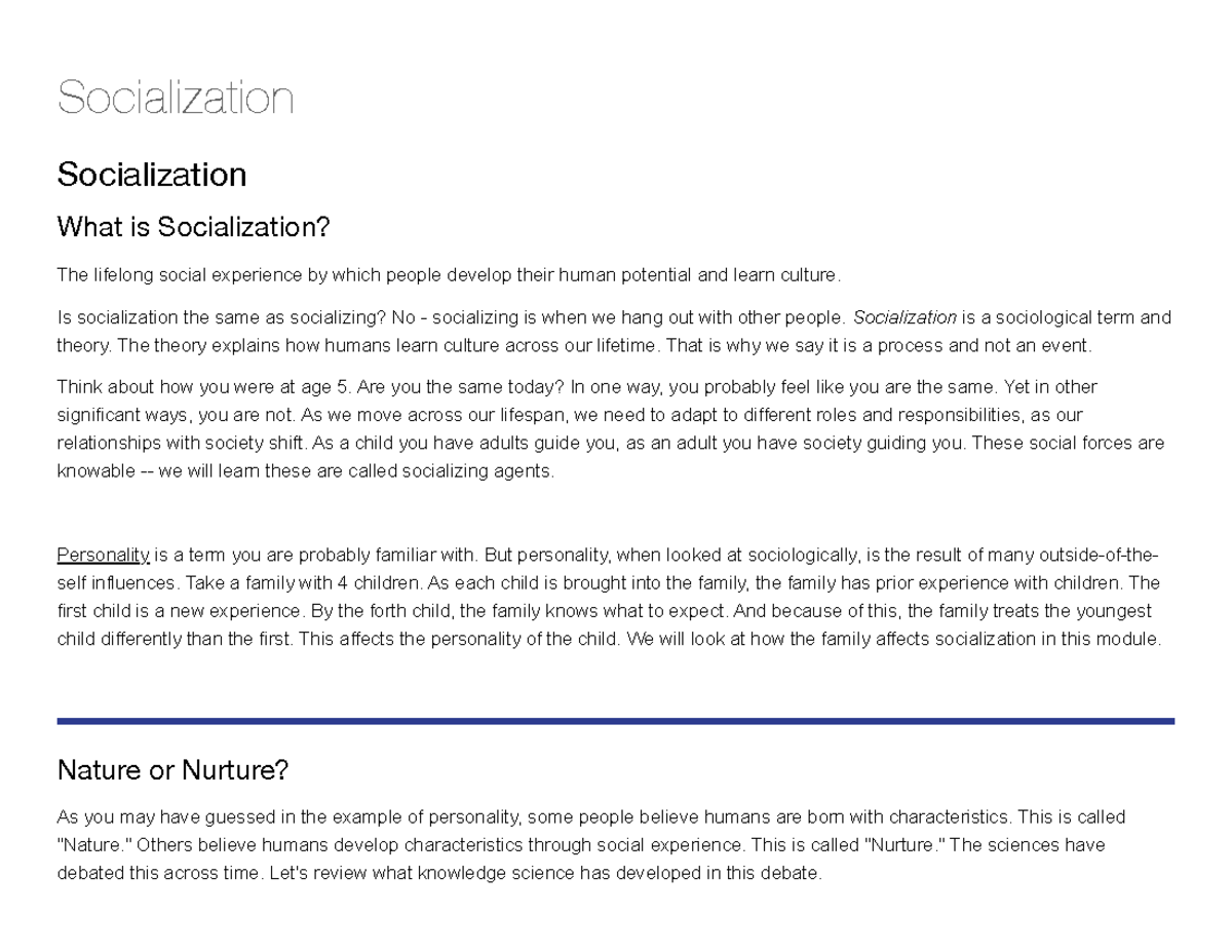 Socialization Concepts: SOC 001 - Intro to Sociology Overview - Studocu