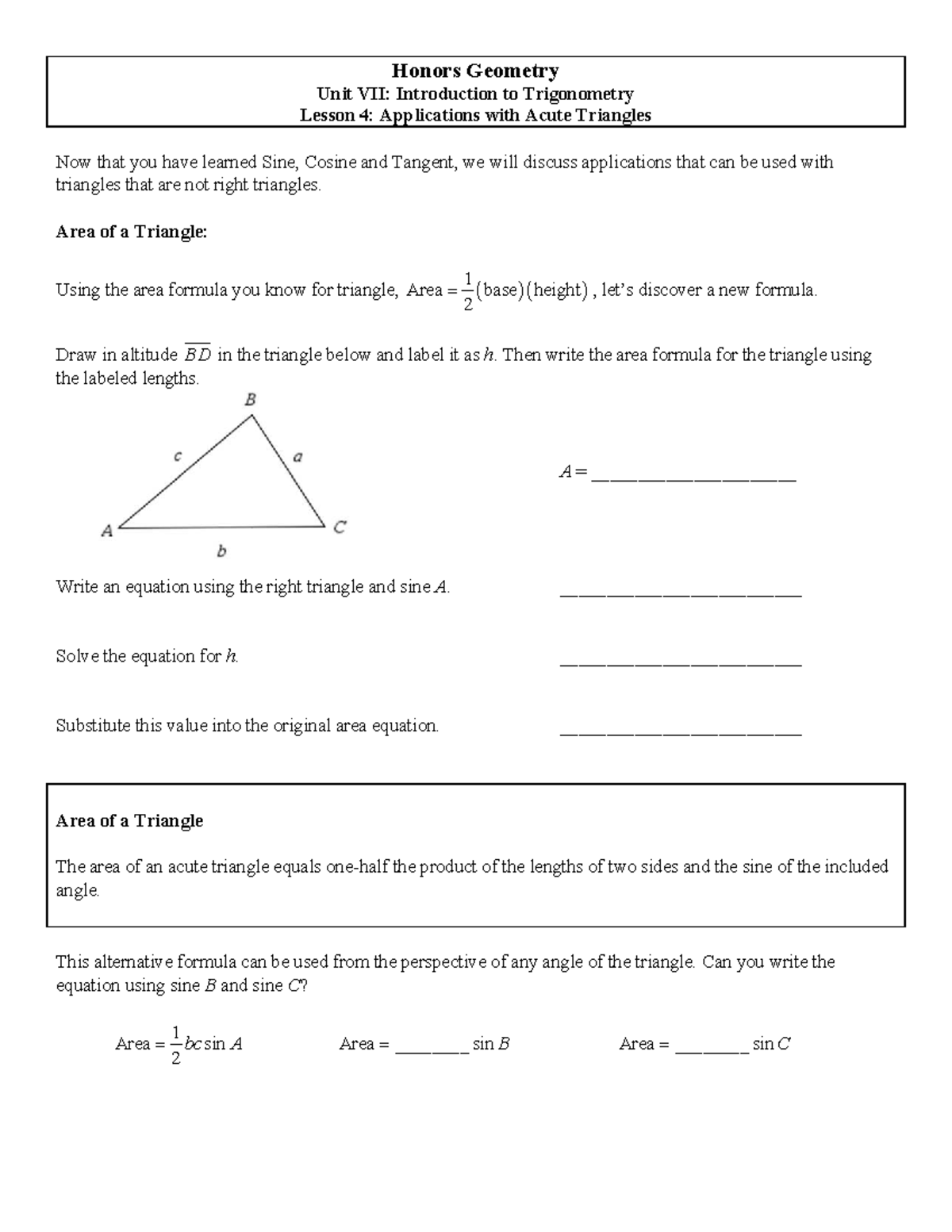 Honors Geometry Unit VII: Acute Triangle Applications & Trigonometry ...