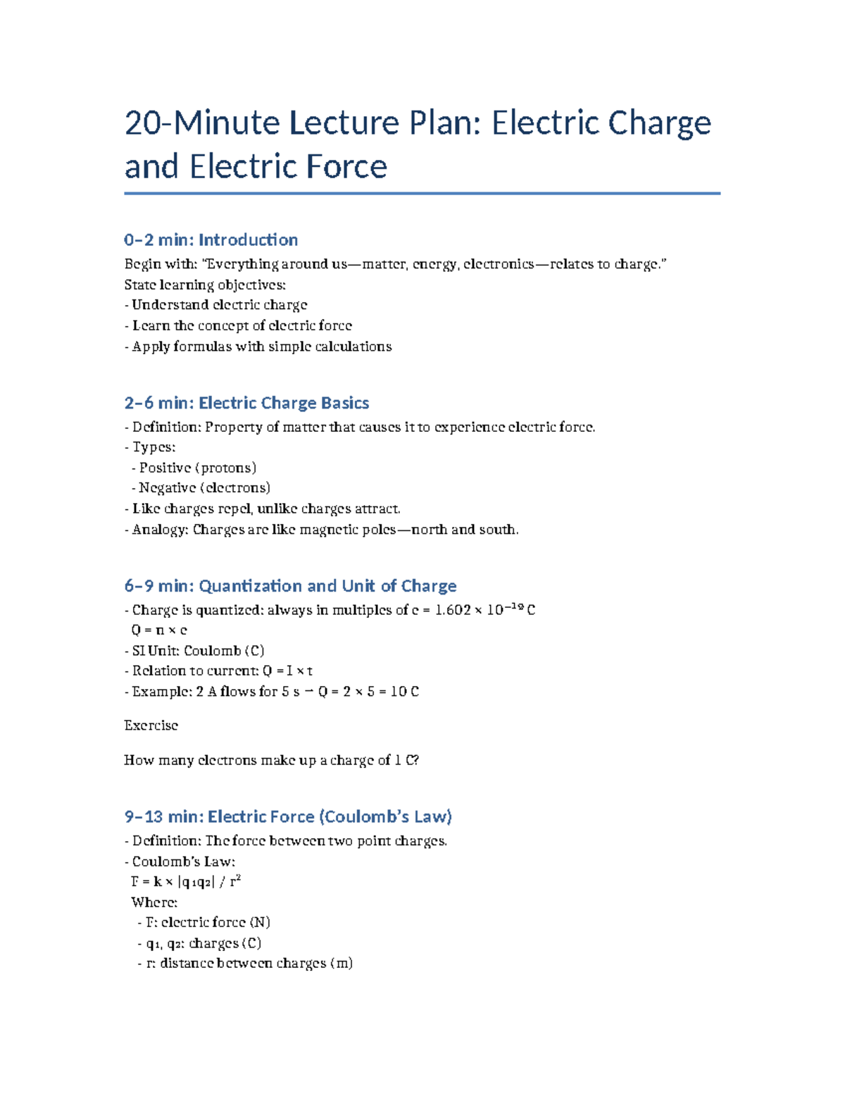 Electric Charge and Force Lecture Plan: Key Concepts and Examples - Studocu