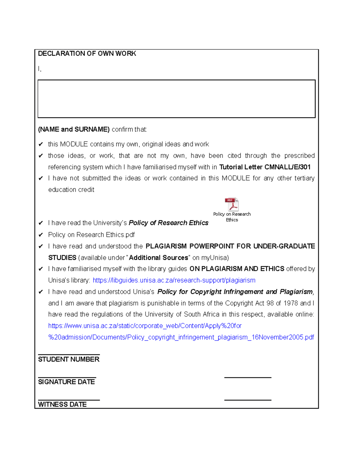 CMNALL/E/ Declaration of Original Work and Ethics Compliance - Studocu