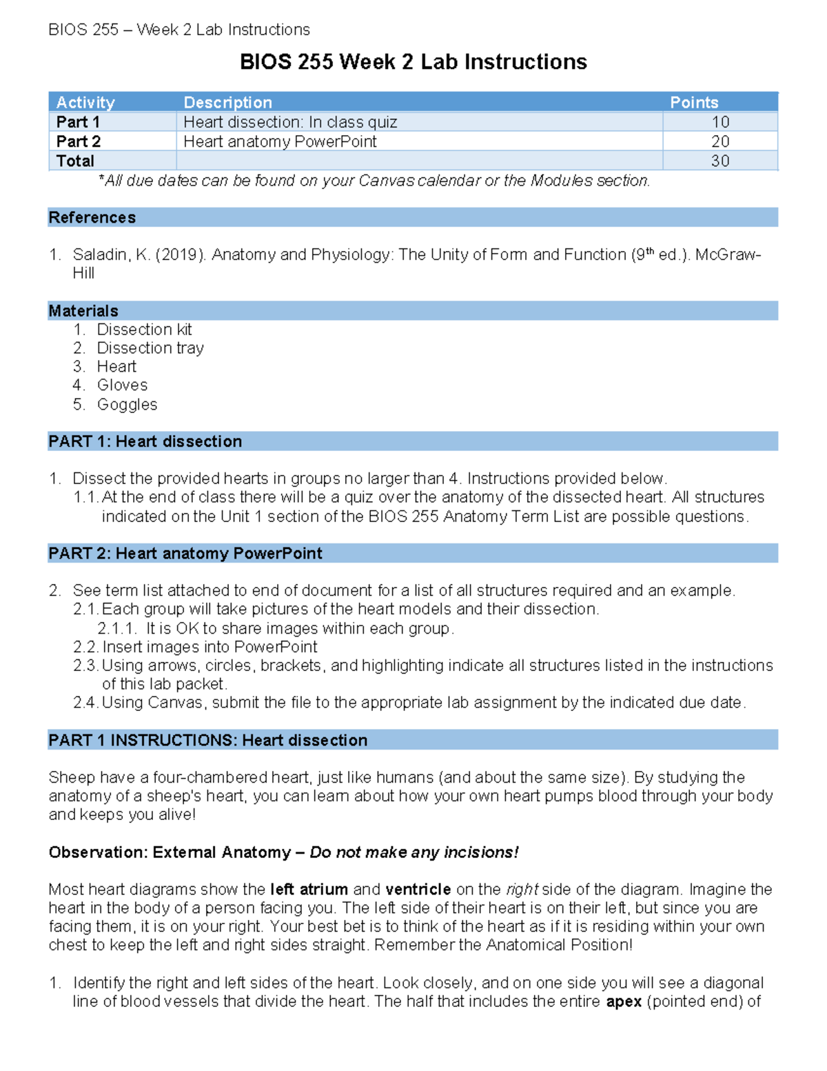 BIOS 255 Week 2 Lab: Heart Dissection & Anatomy Quiz Instructions - Studocu