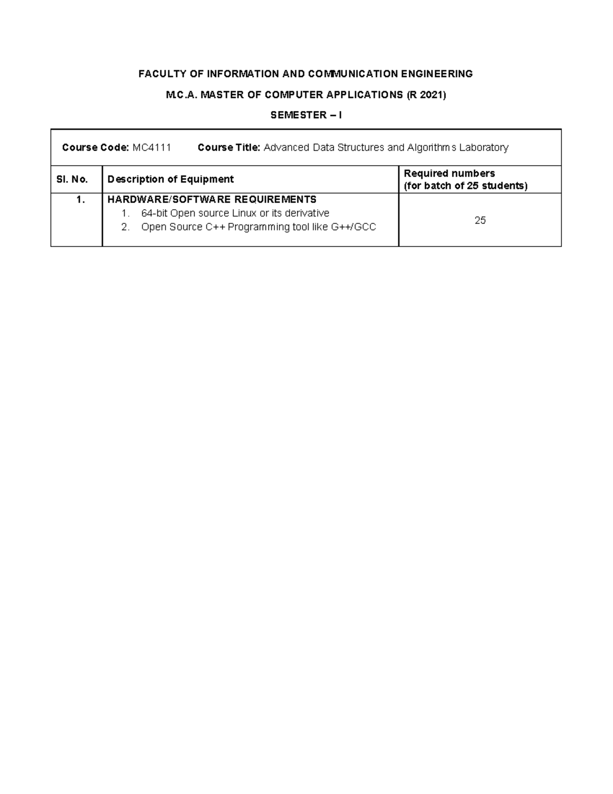 MCA Lab Equipment Requirements for Advanced Data Structures & Python - Studocu