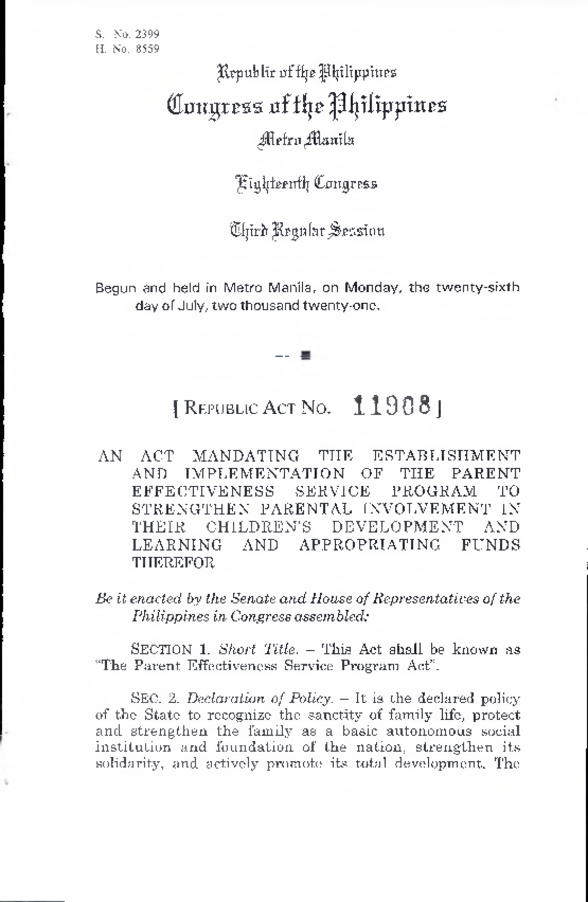 Republic Act No. 11908: Parent Effectiveness Service Program Overview ...