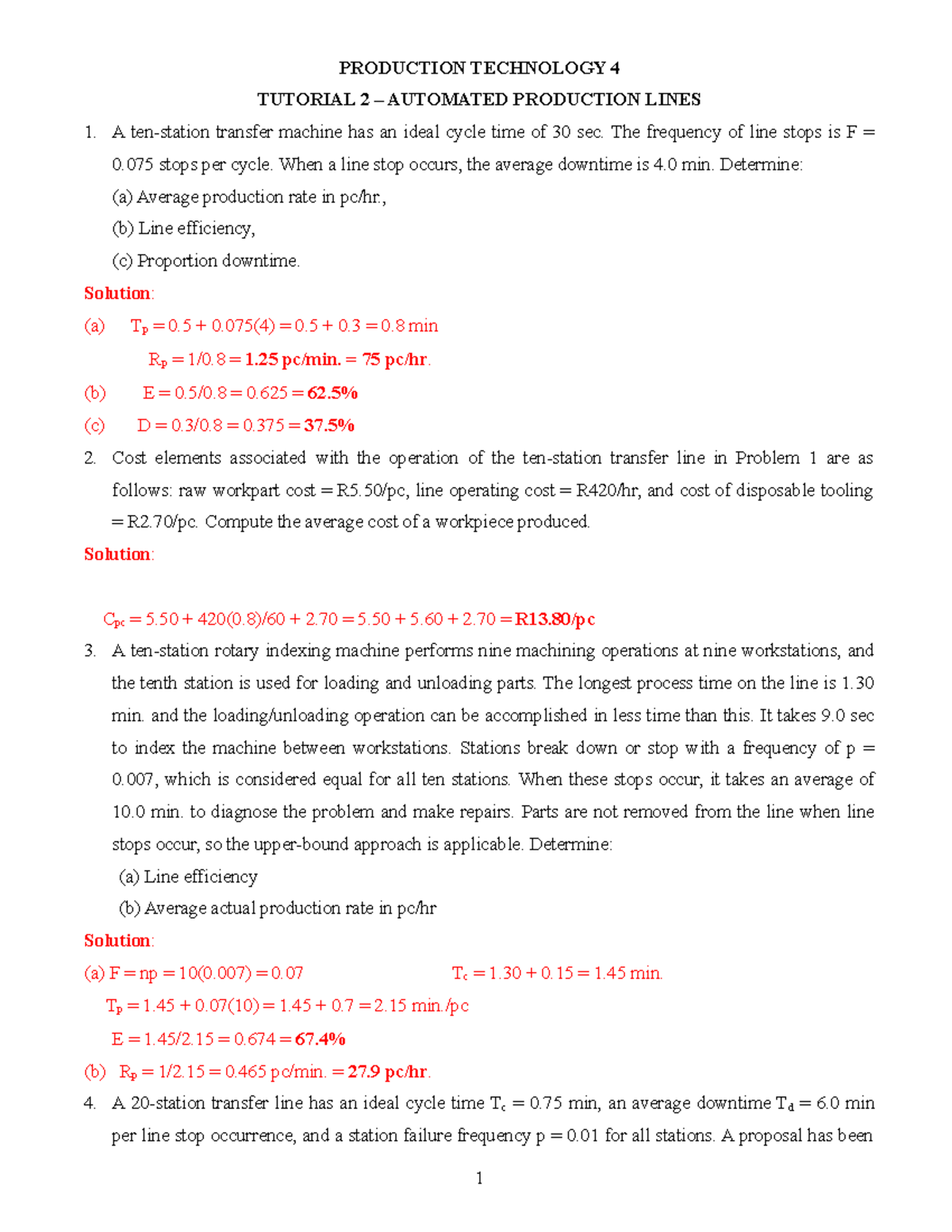 Solutions for Tutorial 2 - Automated Production Lines - PRODUCTION ...