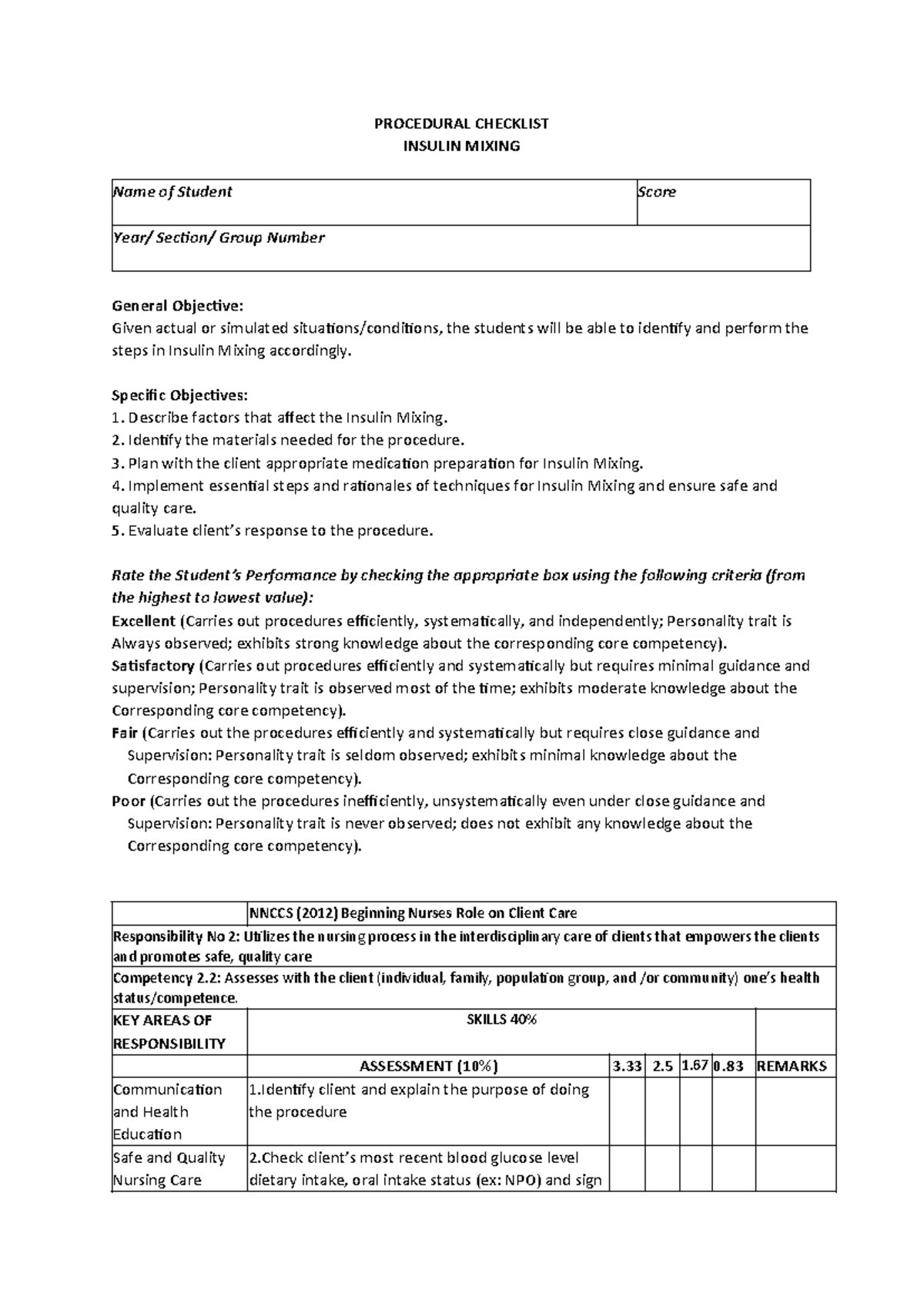 Insulin Mixing Procedure Checklist - Nursing Skills Guide - Studocu