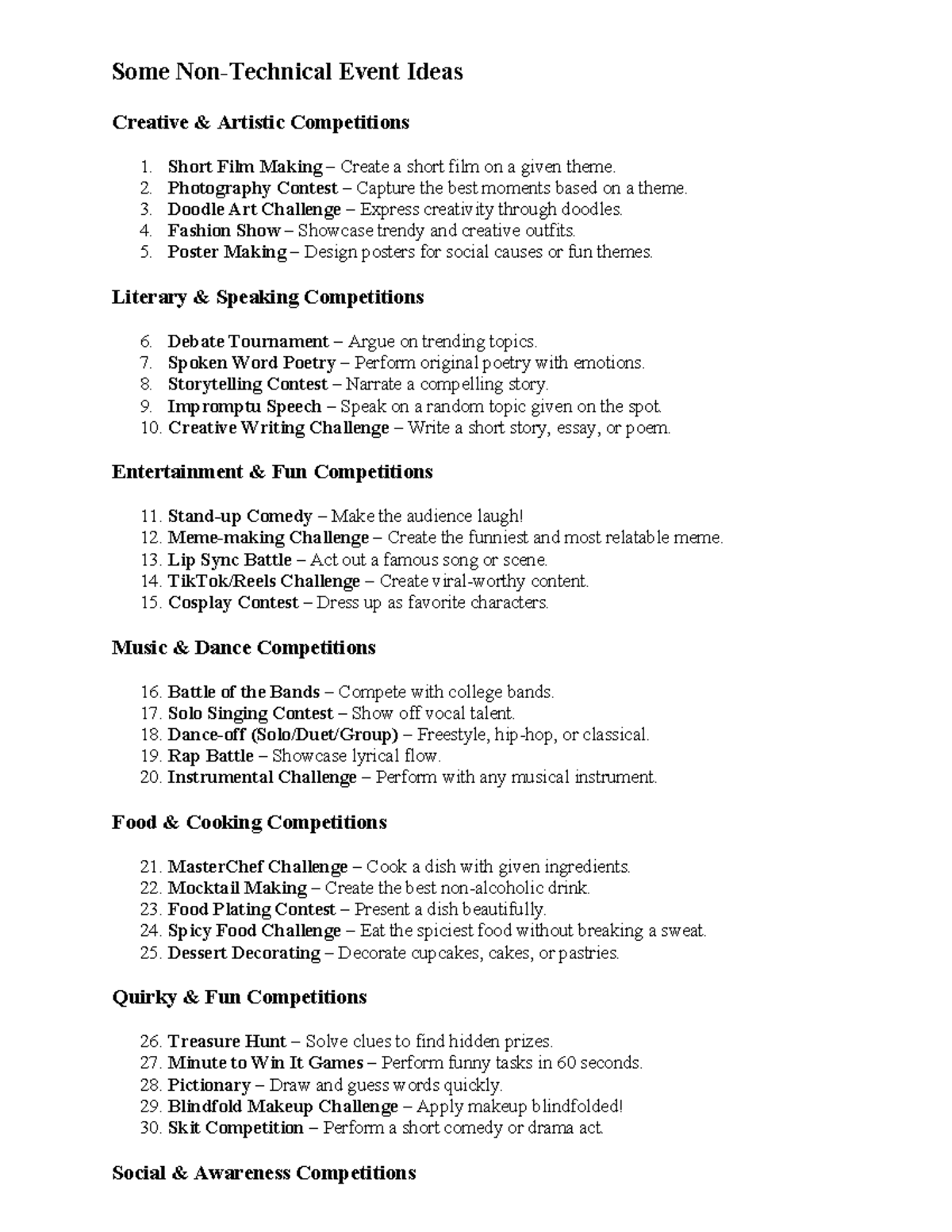 Non-Technical Event Ideas: Creative Competitions & Challenges - Studocu