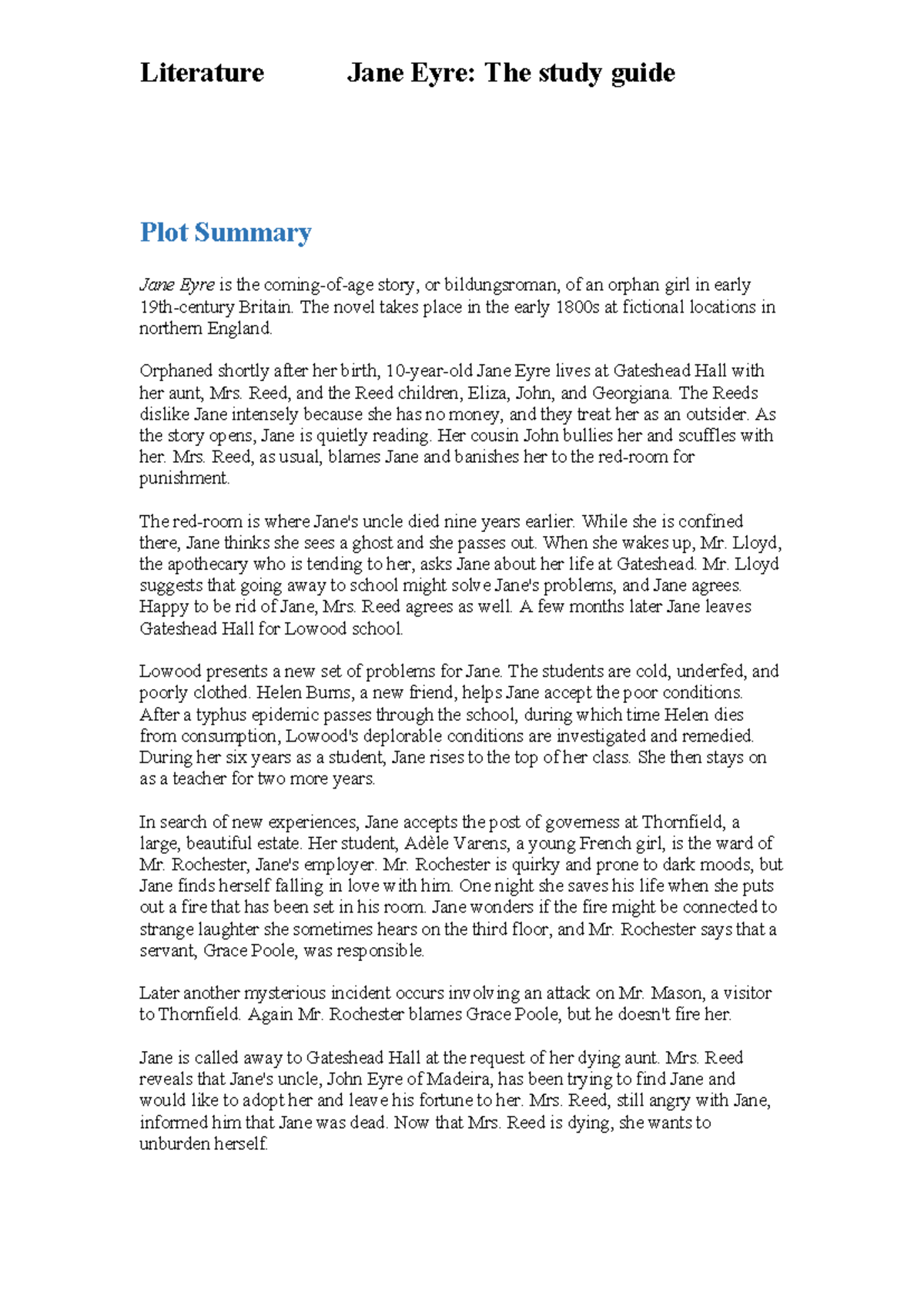 Plot Summary of 'Jane Eyre' - Literature Study Guide - Studocu