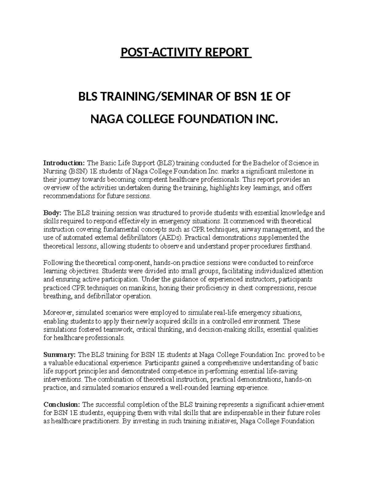 BLS Training Seminar Report for BSN 1E - Naga College Foundation - Studocu