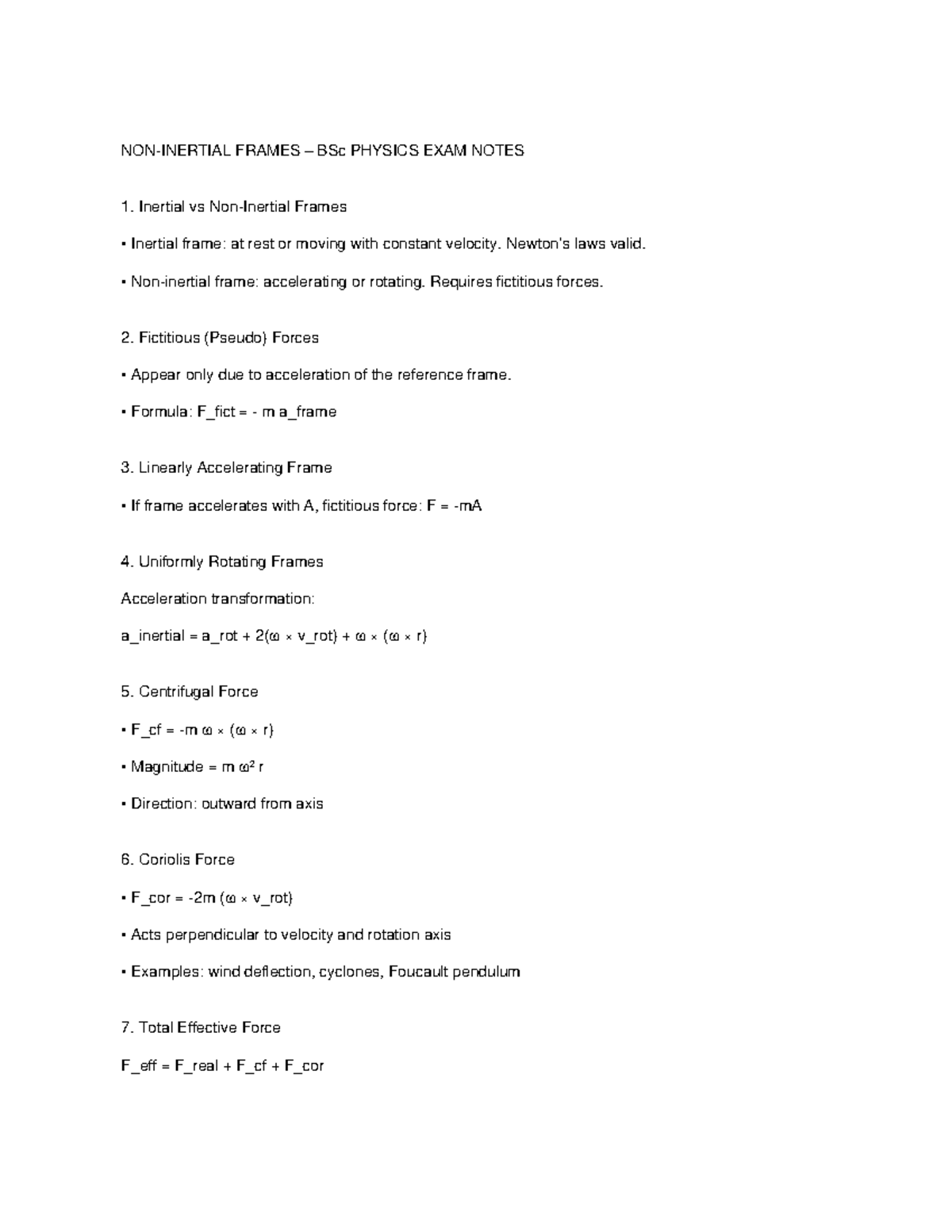 FRAMES BSc PHYSICS FINAL EXAM NOTES: Non-Inertial Frames - Studocu