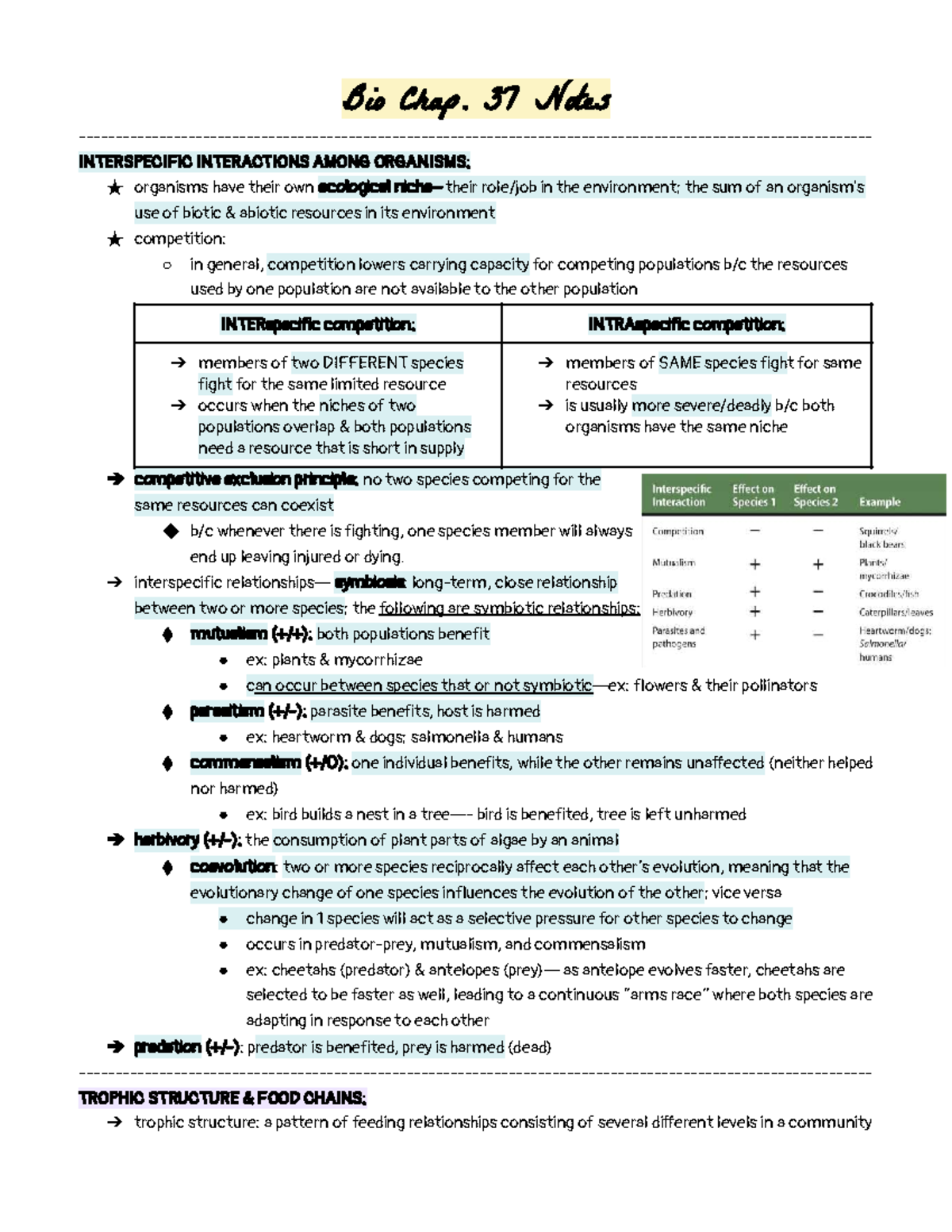 BIO 37: Interactions Among Organisms - Key Concepts and Notes - Studocu