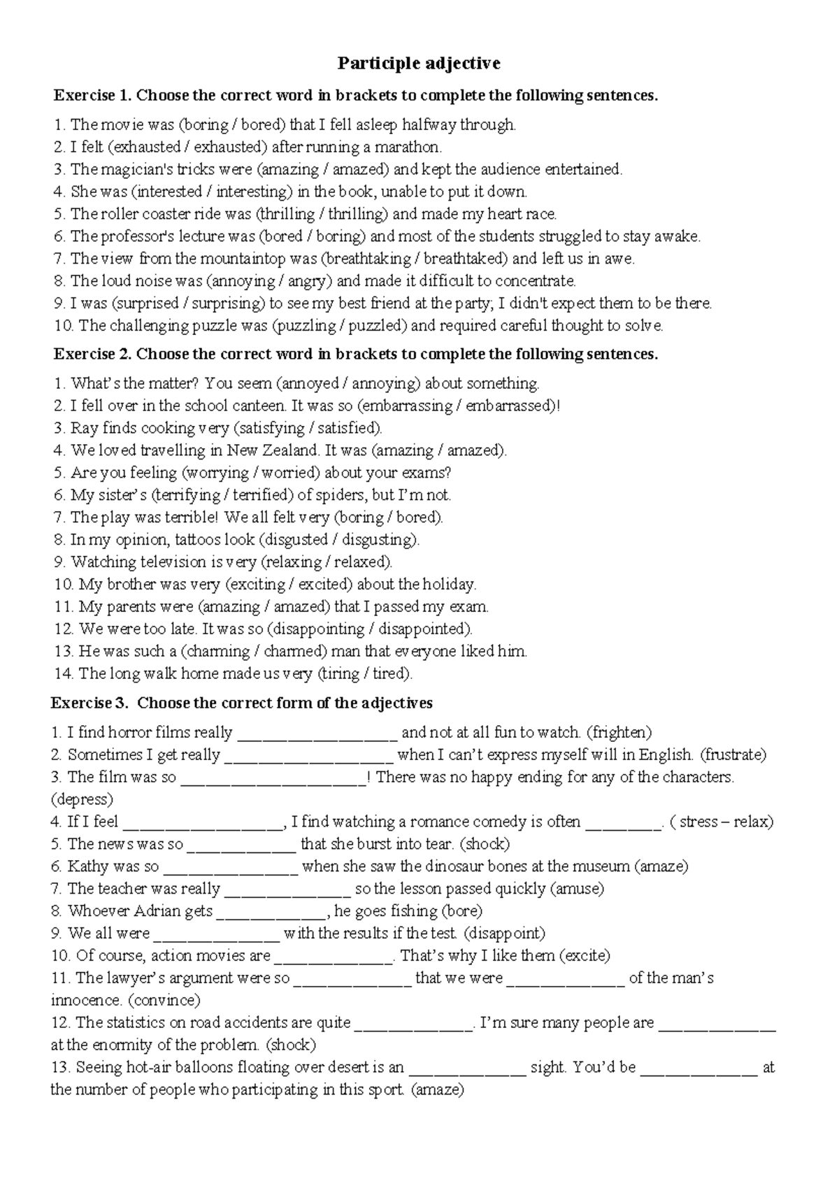 Participle Adjective Exercises - Bài Tập Động Tính Từ - Studocu