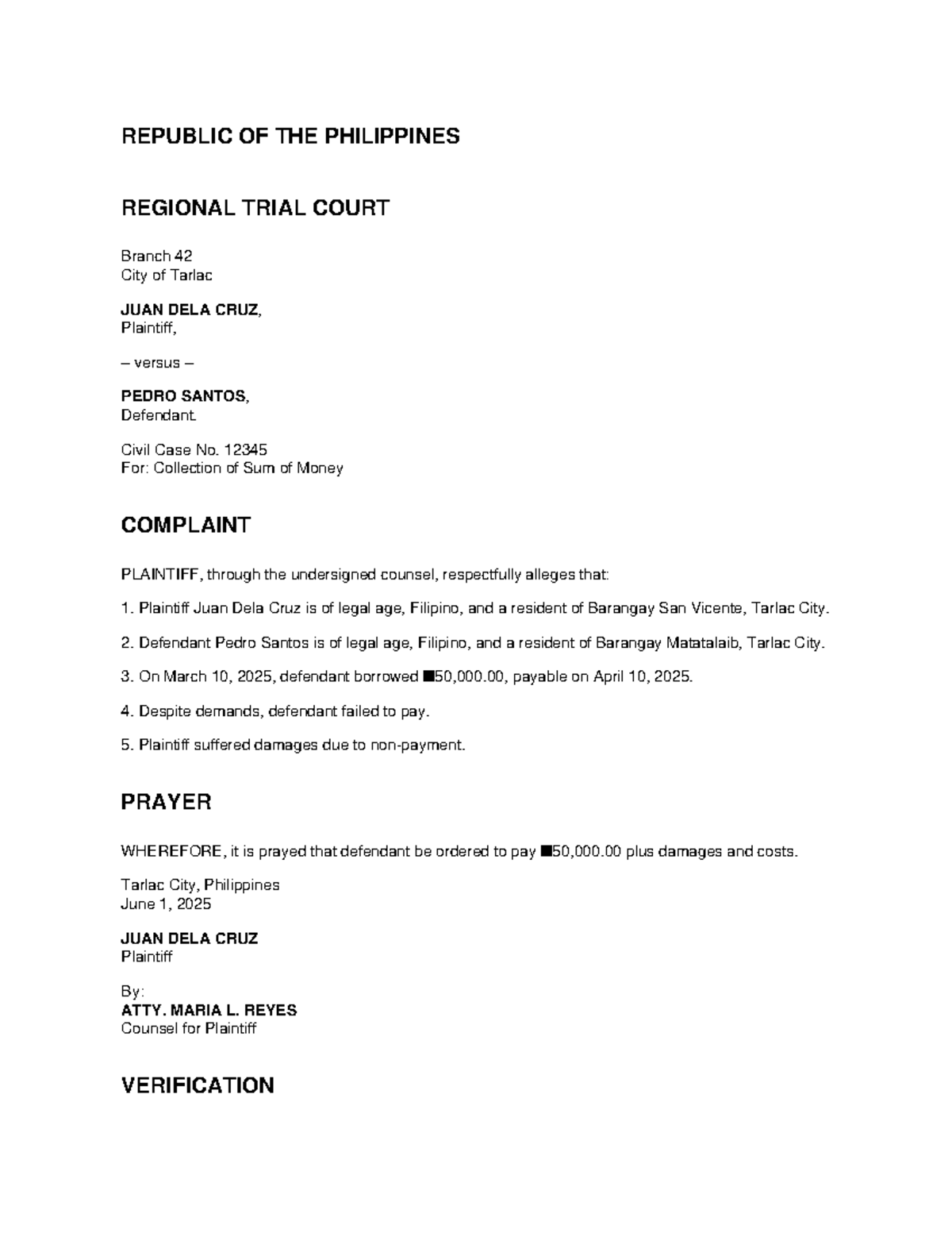 Civil Case No. 12345: Complaint for Collection of Sum of Money - Studocu