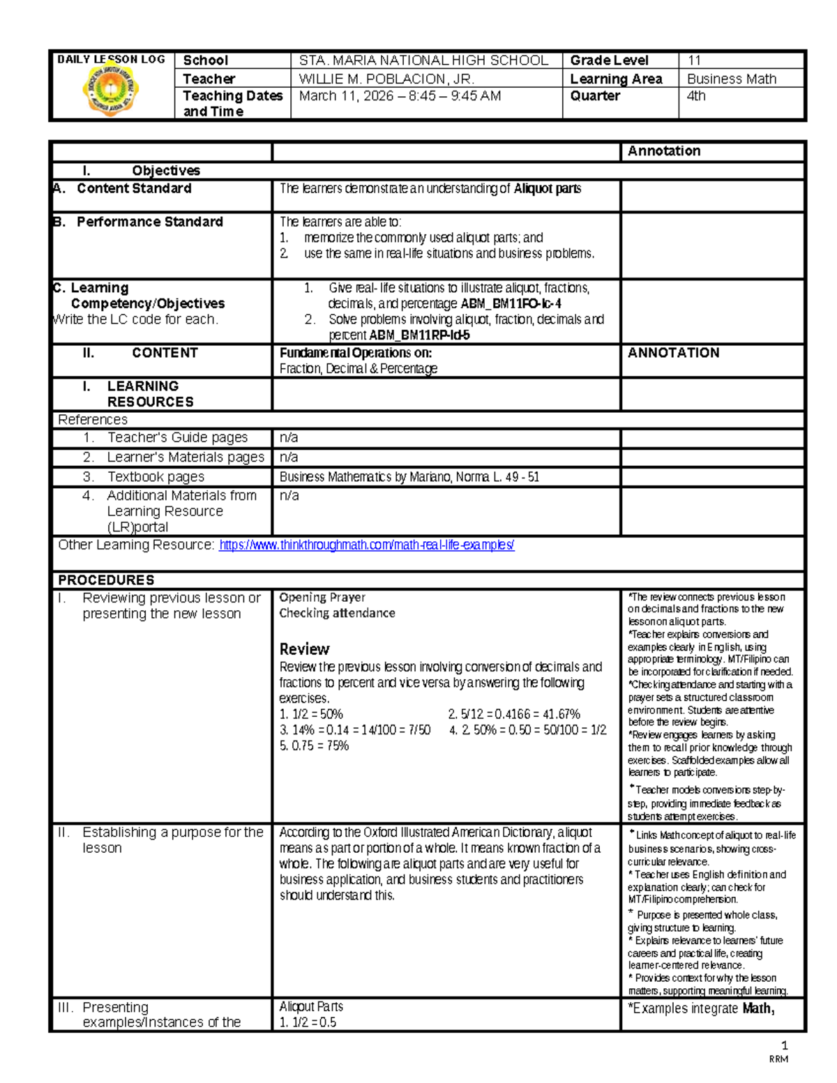 COT-ECP-2025-26 Daily Lesson Log: Business Math Concepts - Studocu