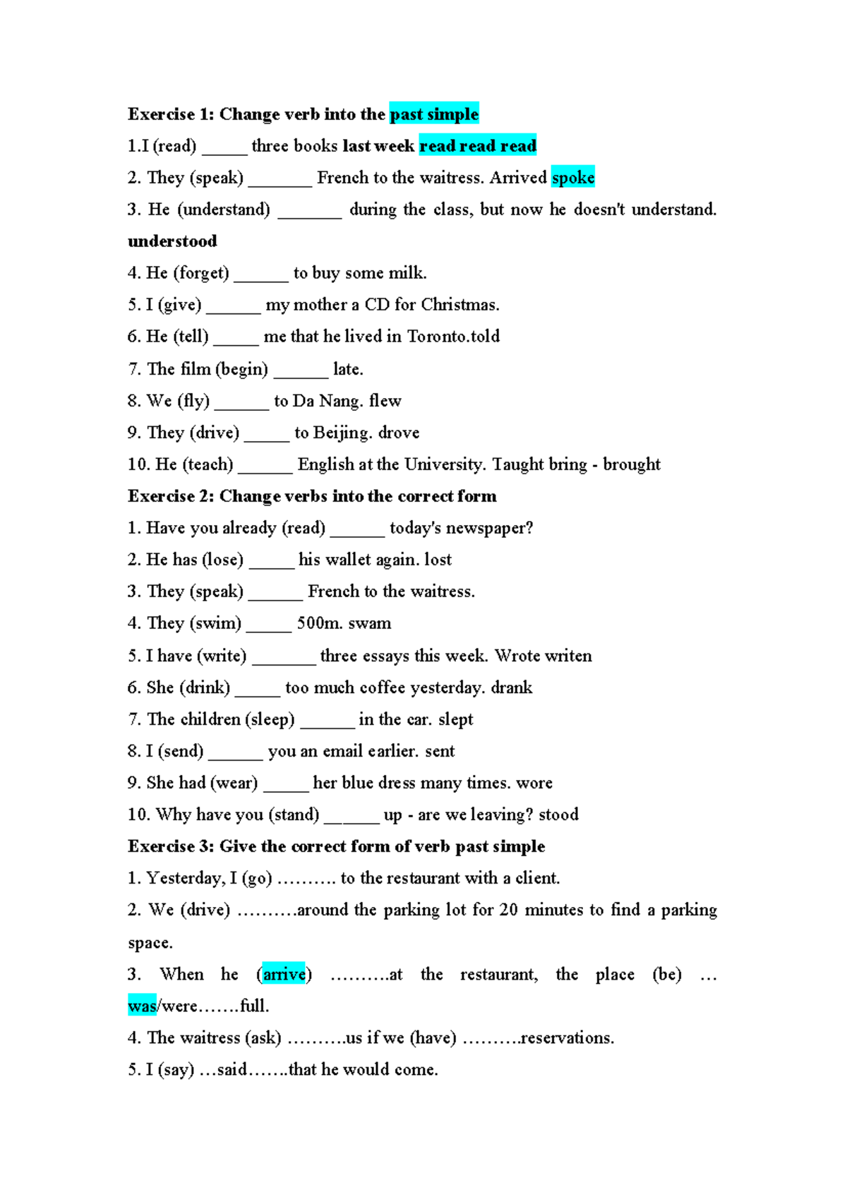 Exercise 1: Past Simple Verb Changes and Forms - Studocu