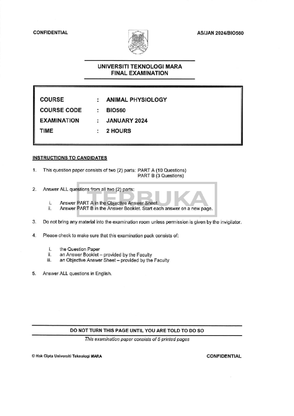 BIO560 Final Exam Paper - Animal Physiology January 2024 - Studocu