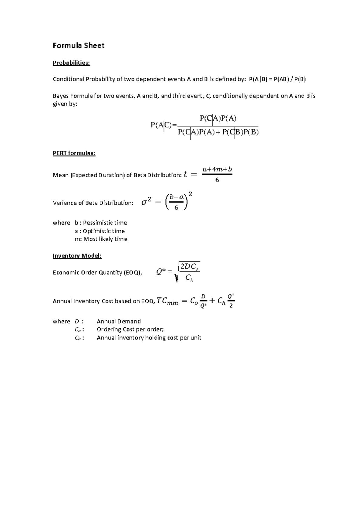 Formula Sheet - Formula Sheet Probabilities: Conditional Probability of ...