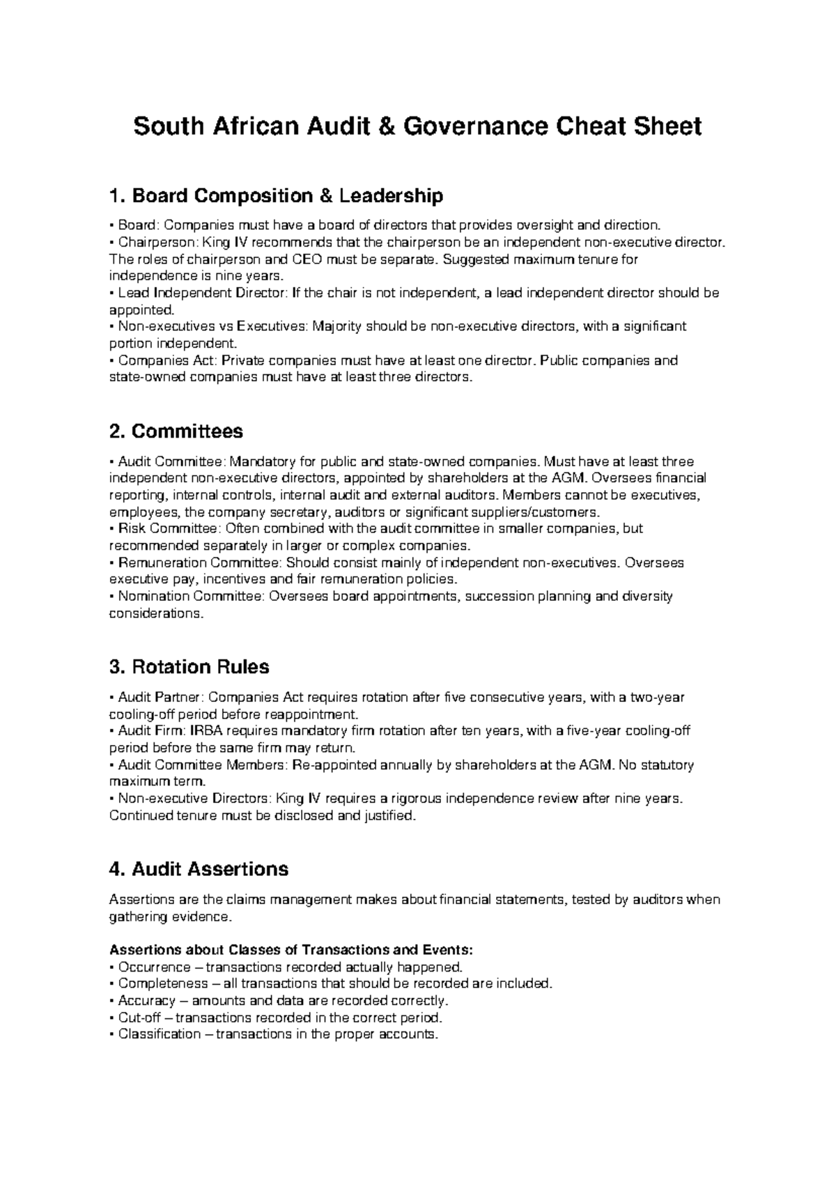SA Audit Governance Cheat Sheet: Key Principles & Rules - Studocu