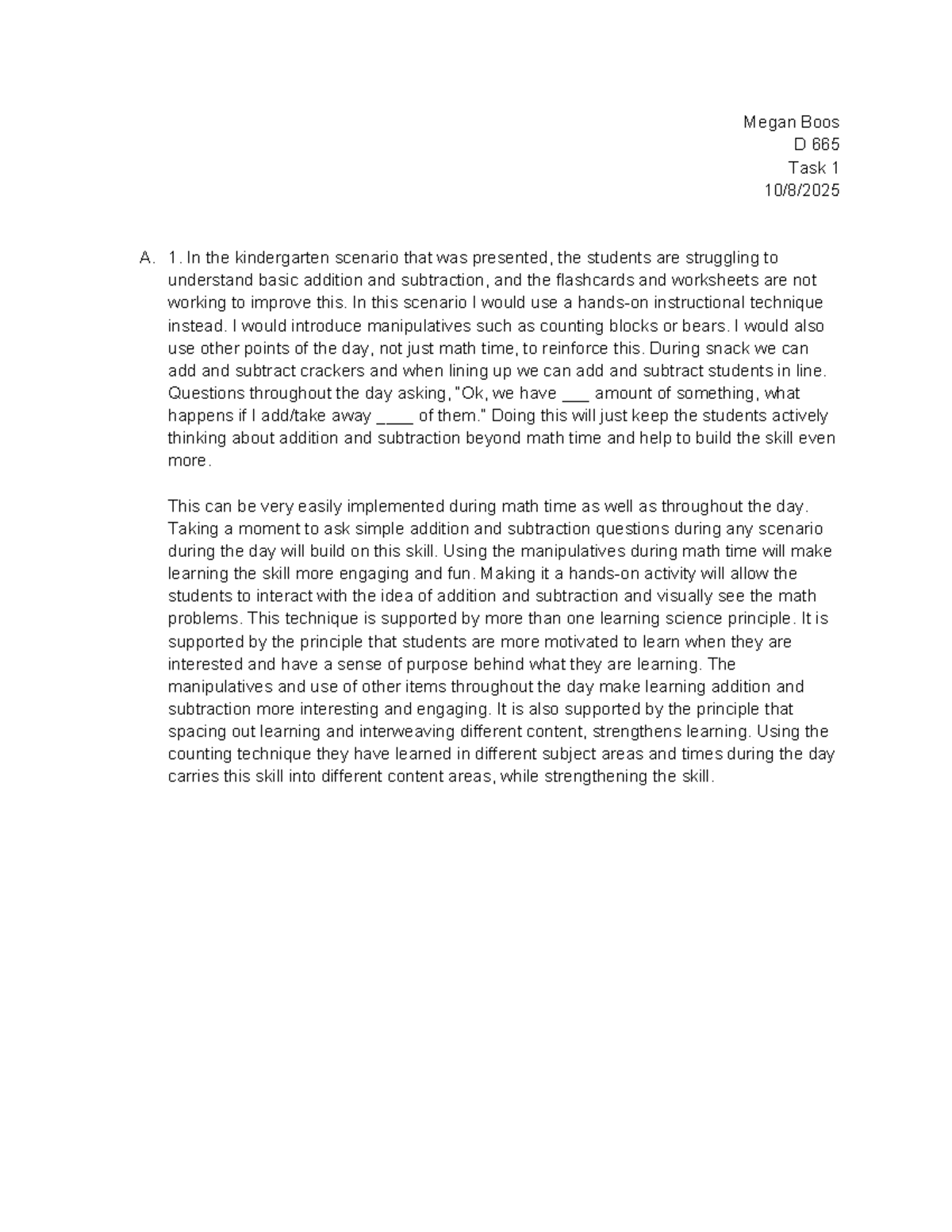 D 665 Task 1: Engaging Strategies for Teaching Addition & Subtraction ...