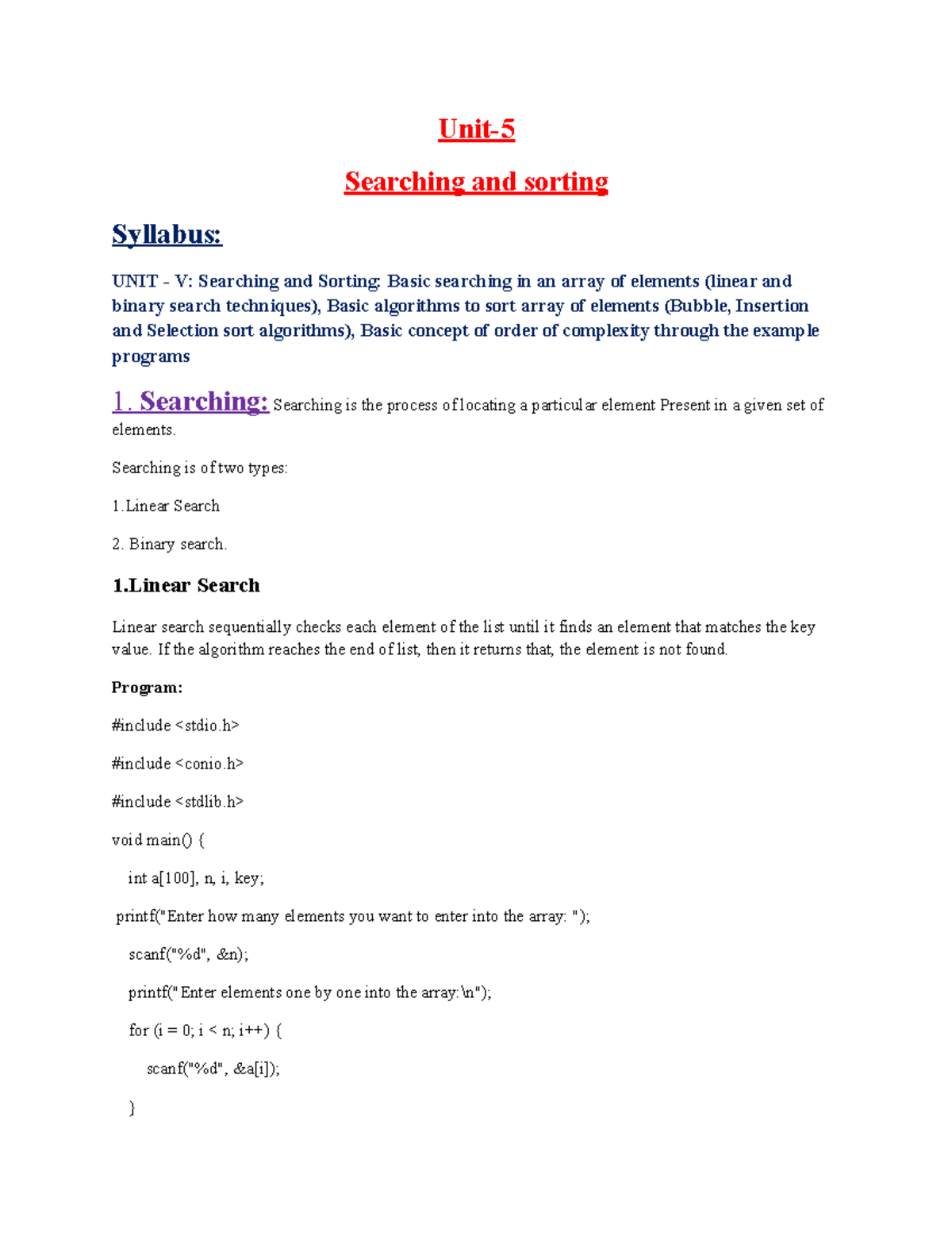 Searching and Sorting Techniques: Unit V Syllabus Overview - Studocu