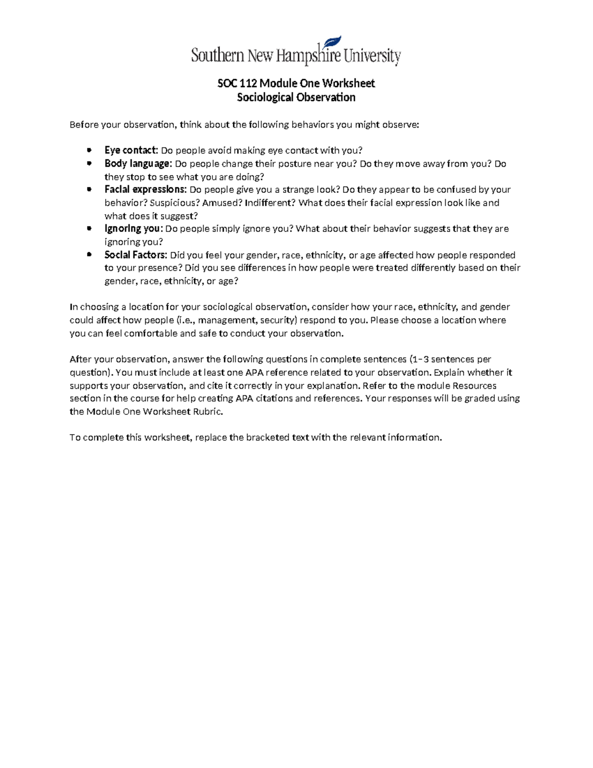 SOC 112 Module One Worksheet: Observational Insights and Reflections ...