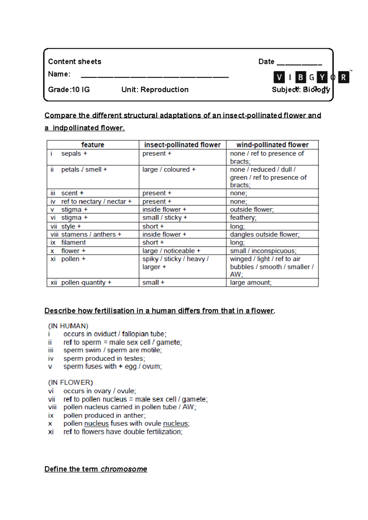 Biology 10 IG: Reproduction and Structural Adaptations Study Guide ...