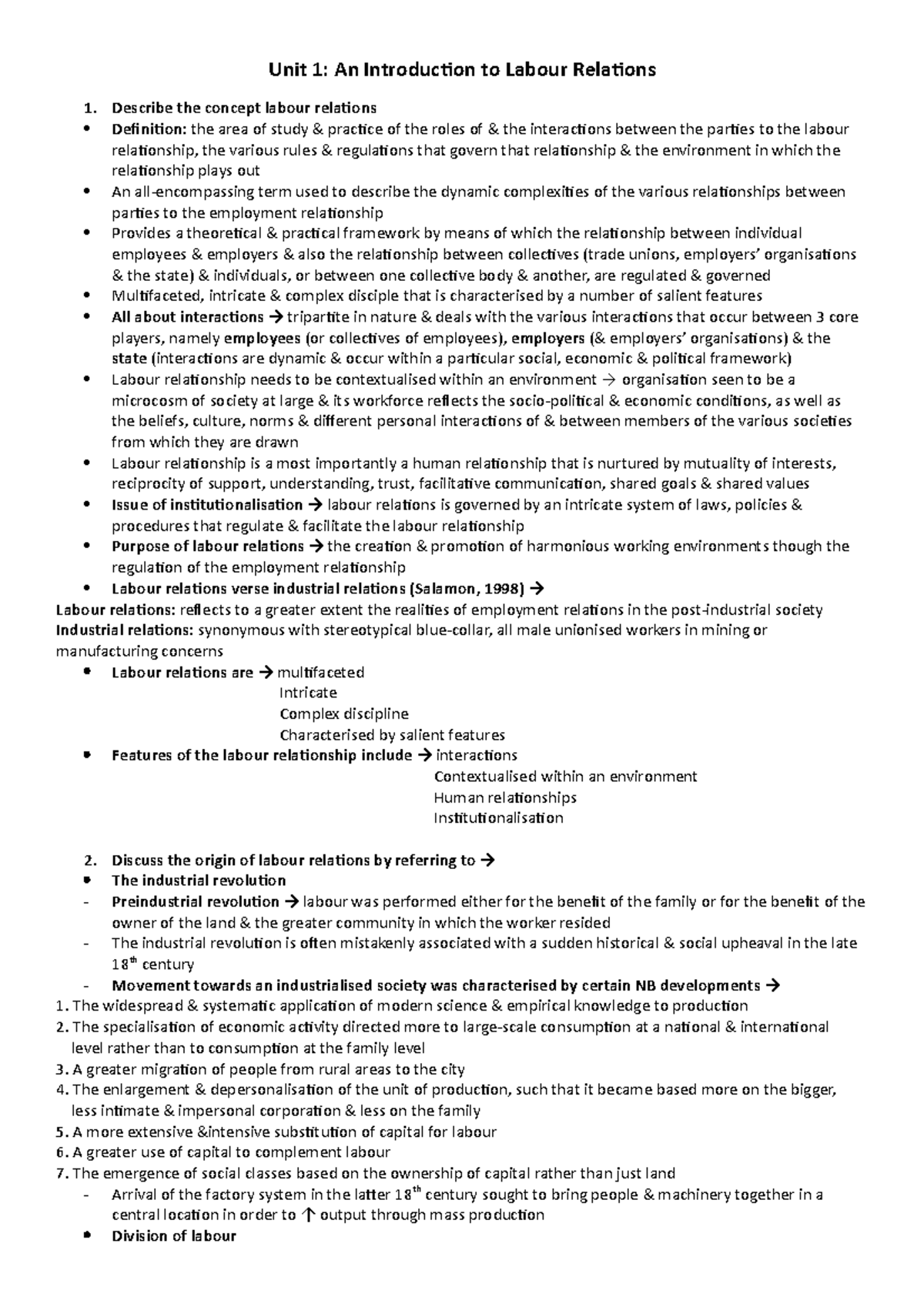 Unit 1: Overview of Labour Relations and Historical Context - Studocu