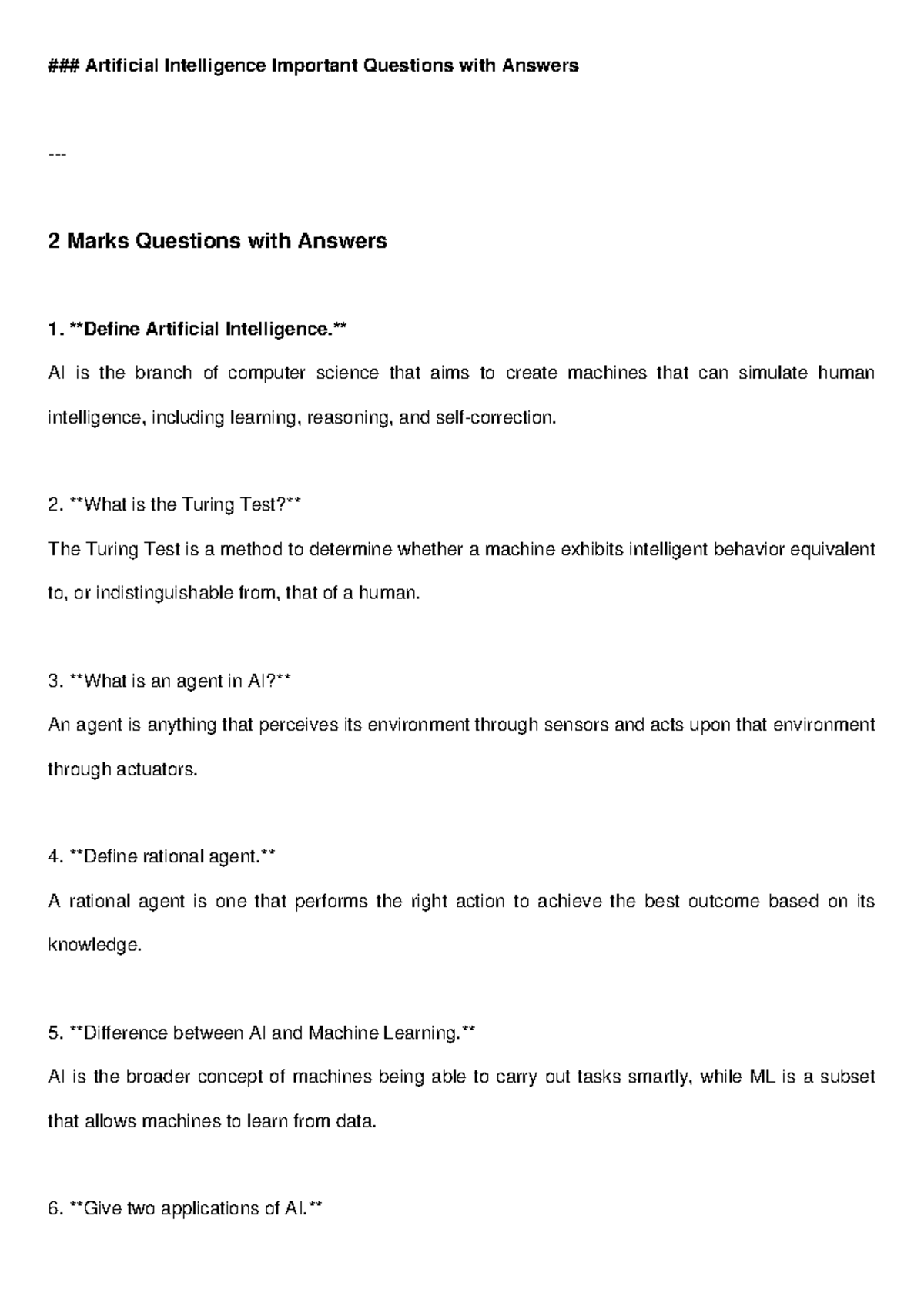 AI Important Questions & Answers: 2 Marks & 10 Marks Overview - Studocu