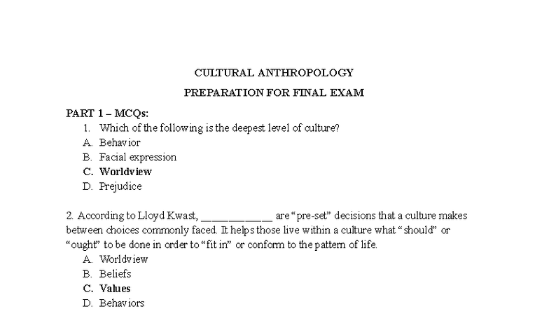 CULTURAL ANTHROPOLOGY 835049851 FINAL EXAM MCQs PREP PART 1 - Studocu
