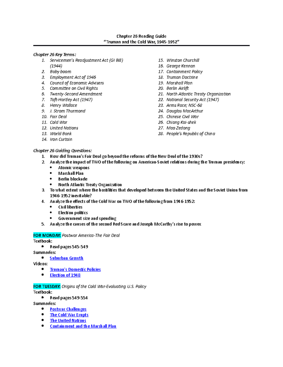 Apush ch 26 reading guide - Chapter 26 Reading Guide “Truman and the ...