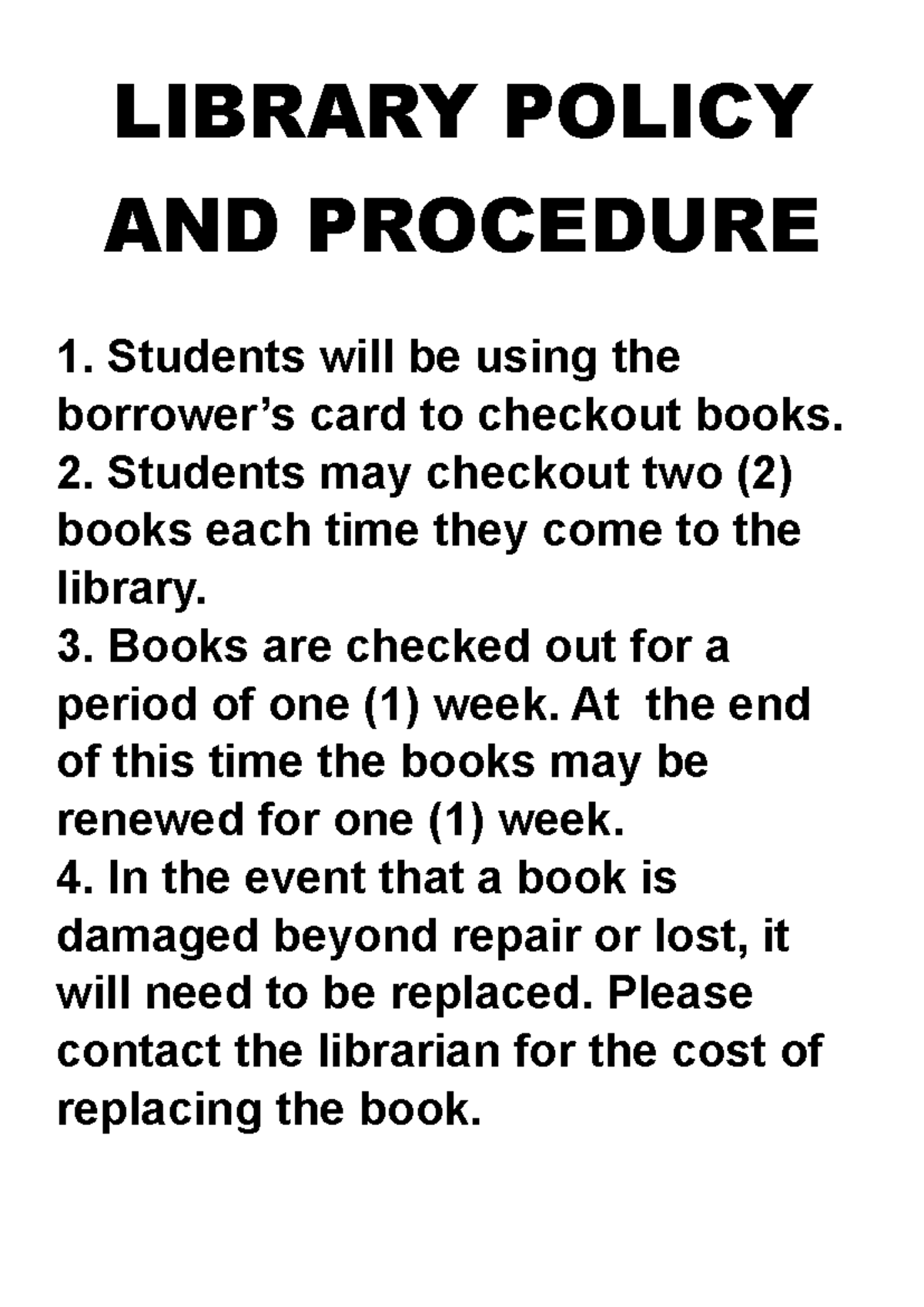 LIBRARY POLICY & PROCEDURE: Checkout Rules & Book Replacement - Studocu