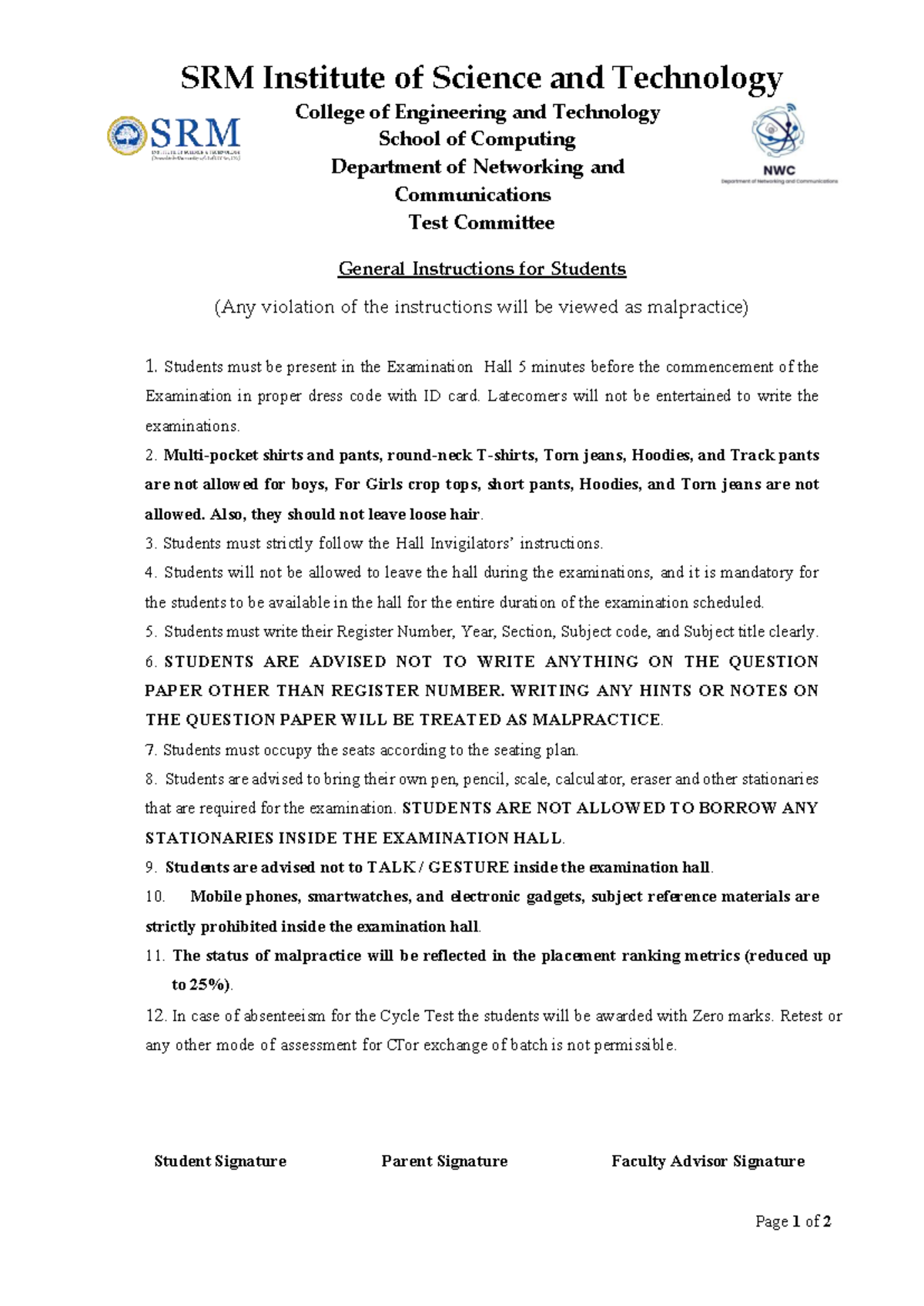 SRM Institute of Science and Technology Exam Hall Instructions for ...